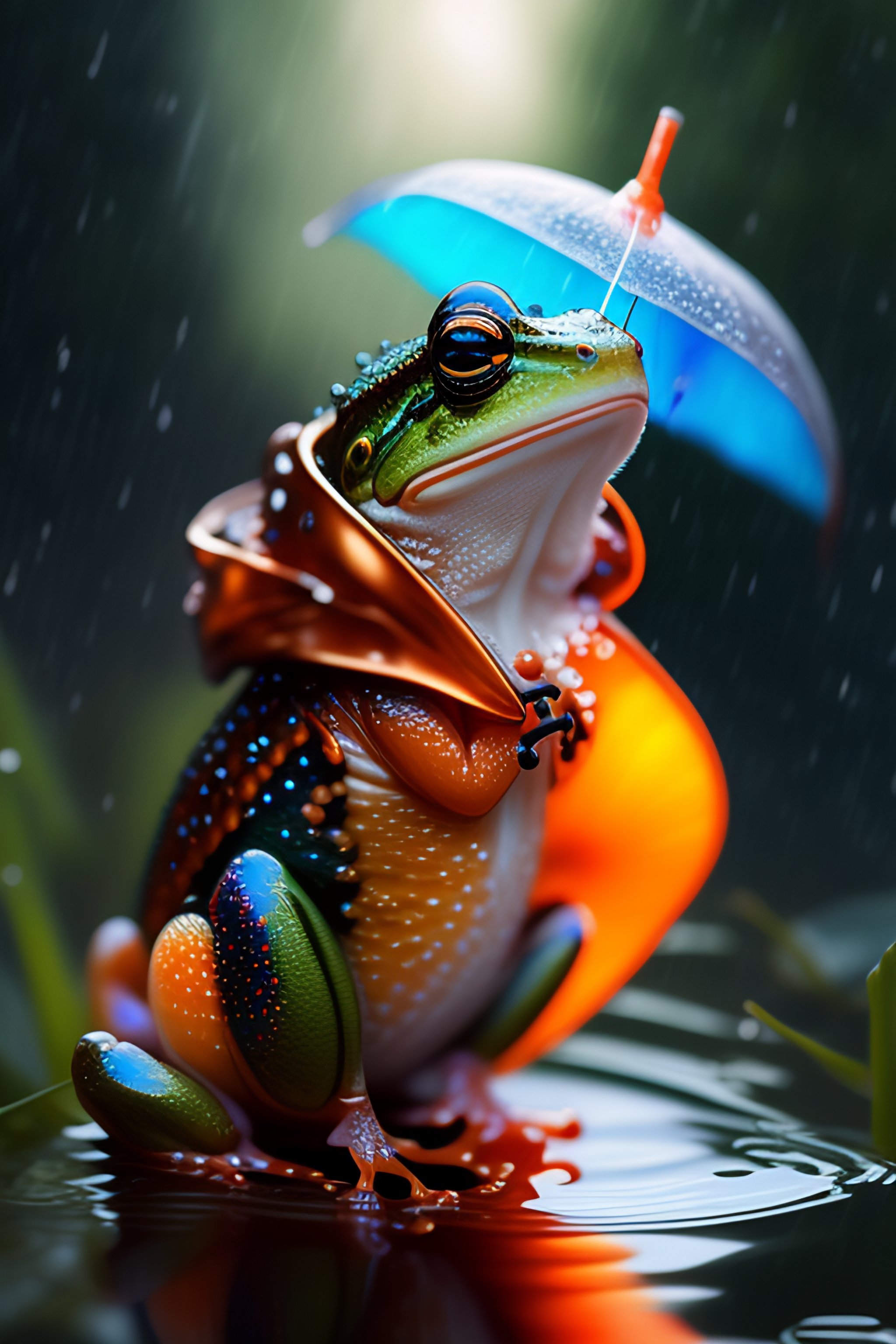 Lexica - A litle frog in the rain, orange spike aura in motion, damaged ...