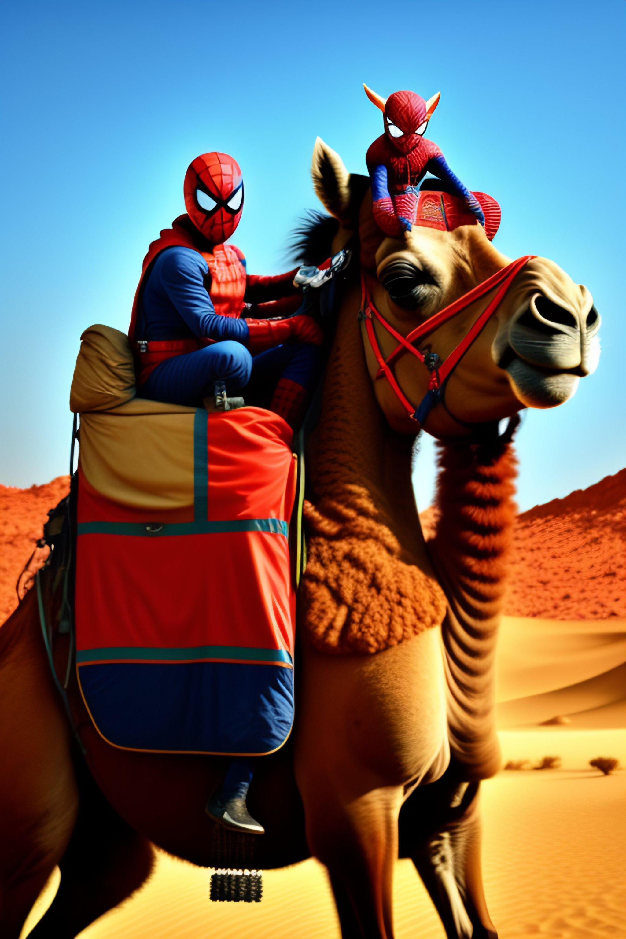 Lexica - Spiderman riding a camel.