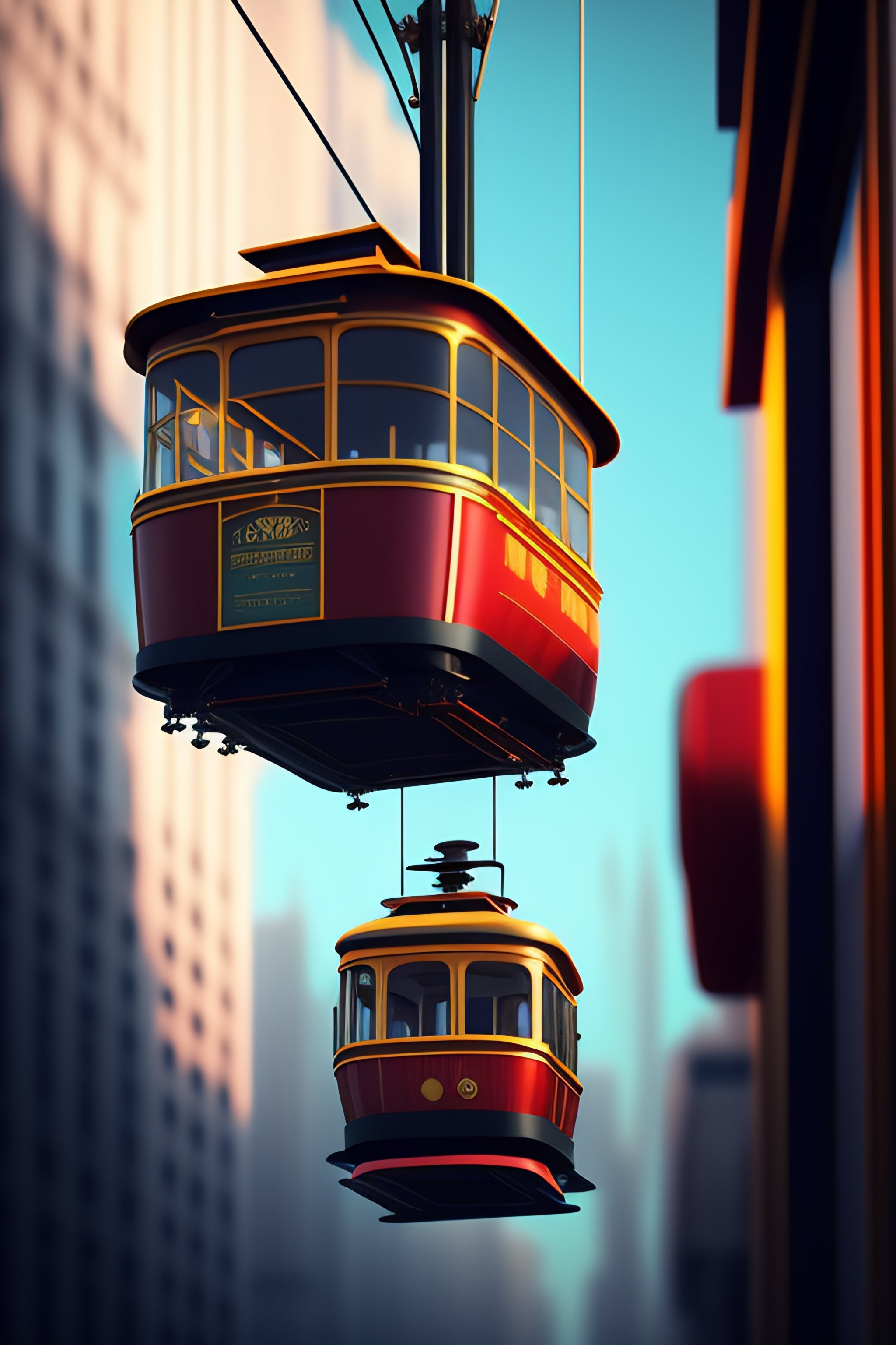Lexica - Hanging cable car in a city, 4K, octane render