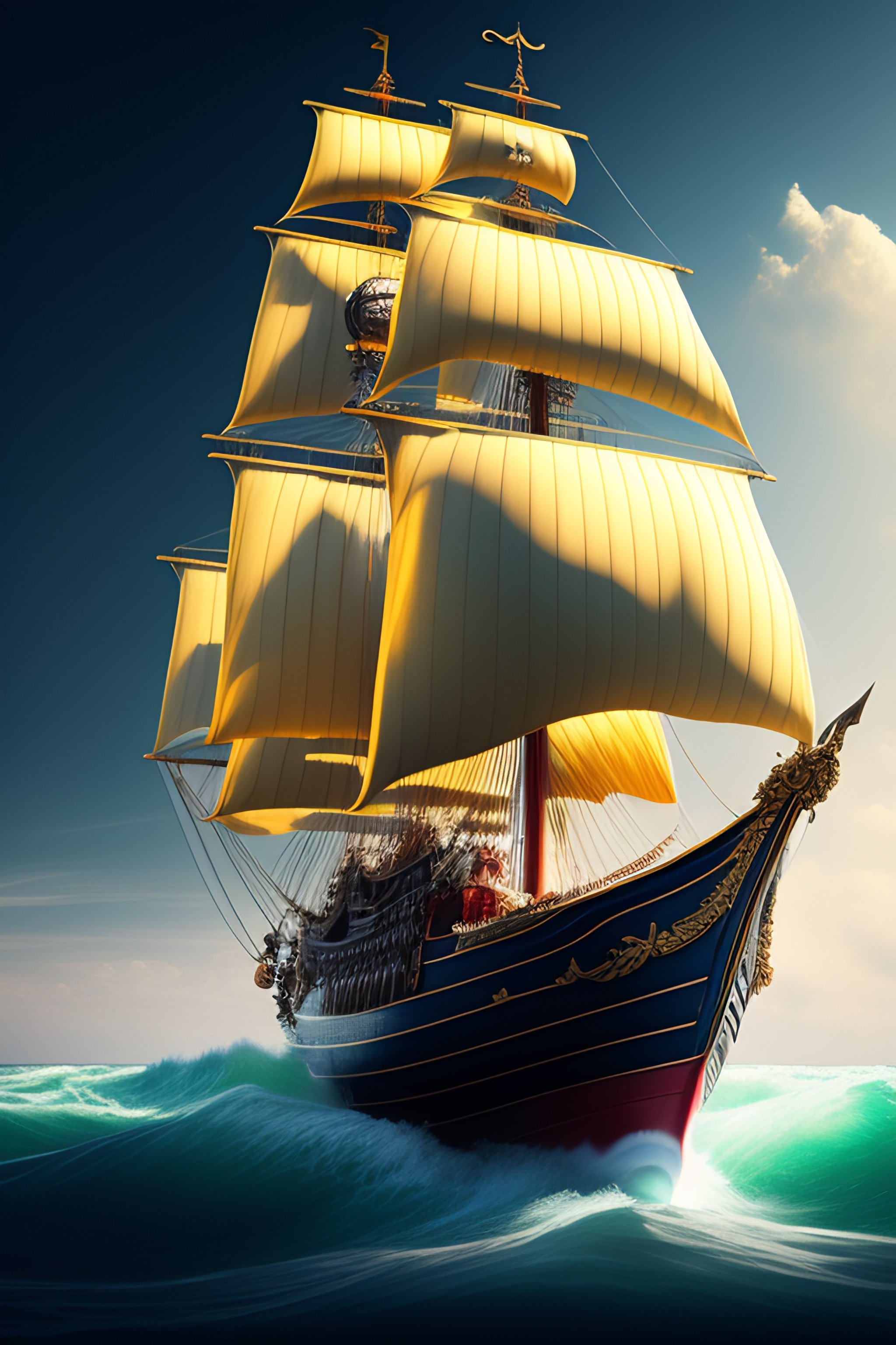 Lexica - A pirate with a parrot riding sailing ship on heavy sea