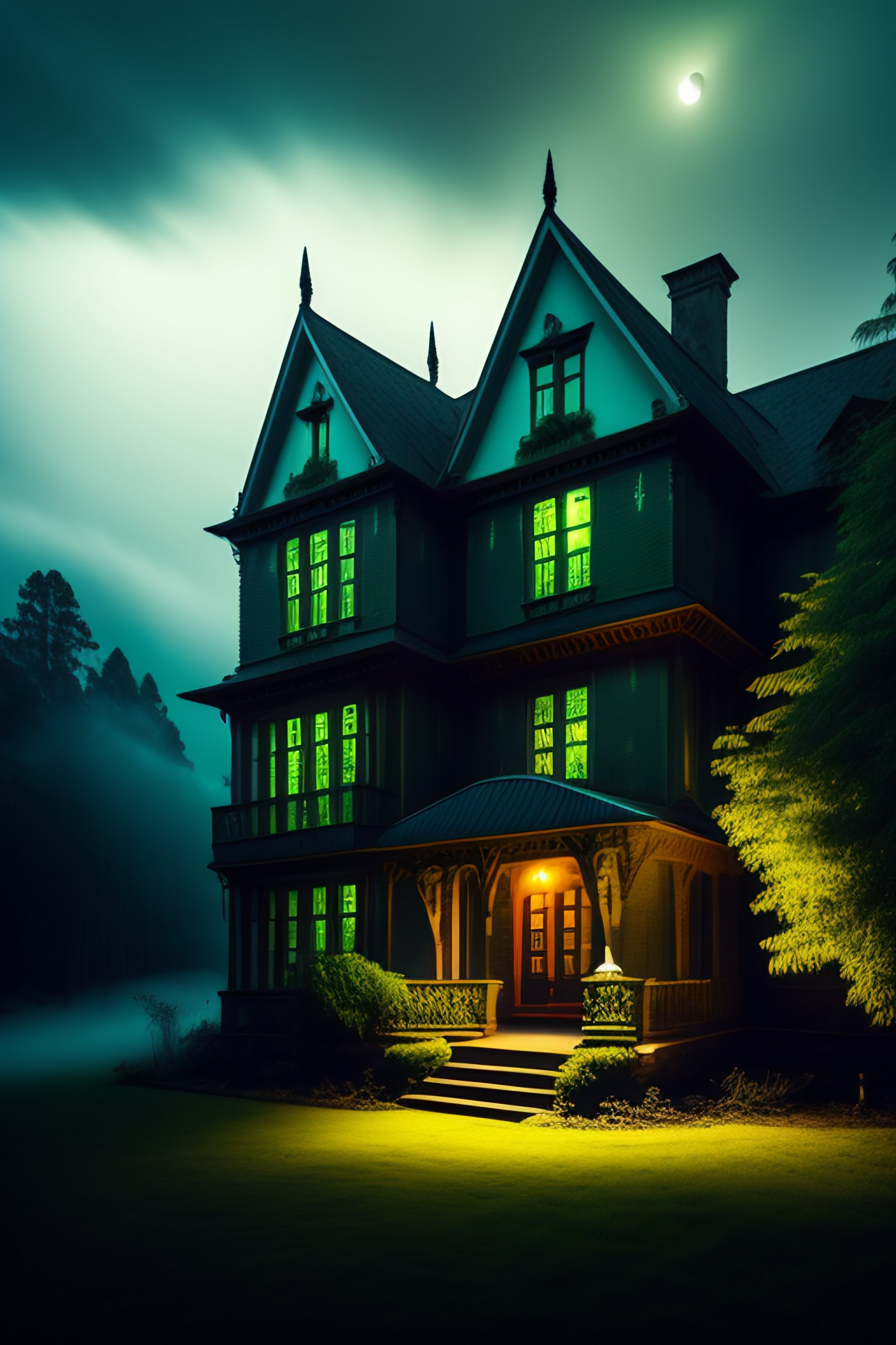 Lexica - Creepy old mansion in middle of forest at night, with cloudy ...