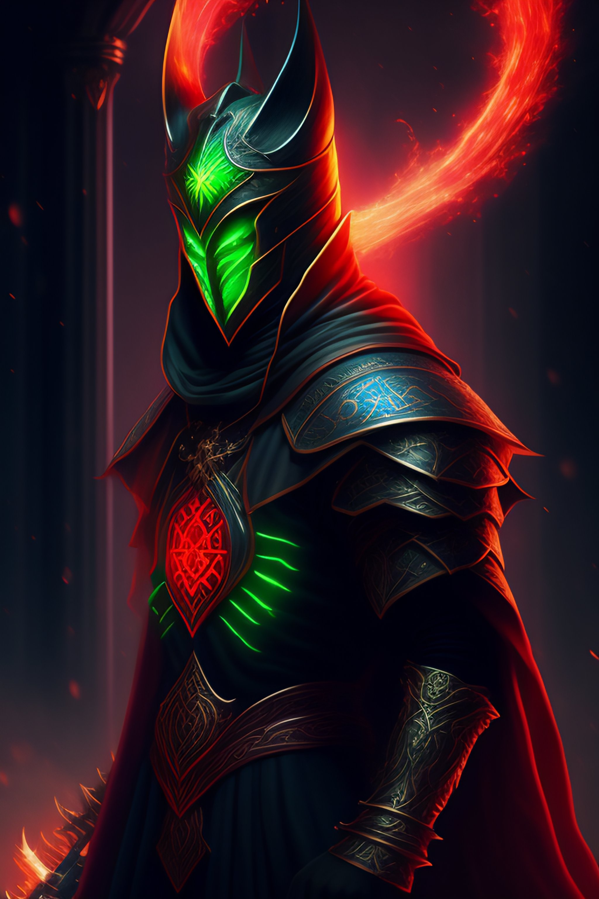 Lexica - Library, thorned black armor, strange mask, wizard ,runes on ...