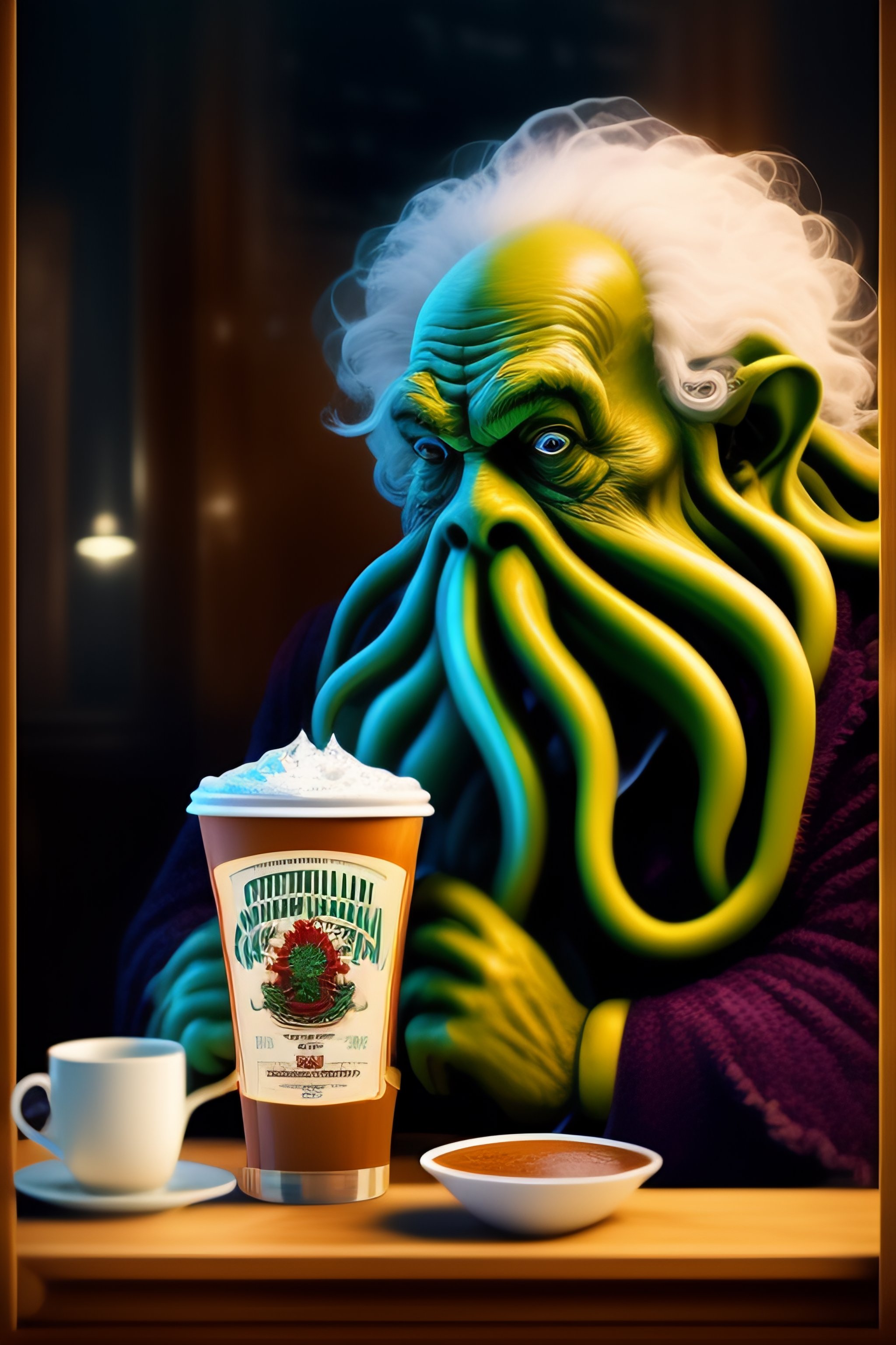 Lexica - Cthulhu drinking coffee with einstein