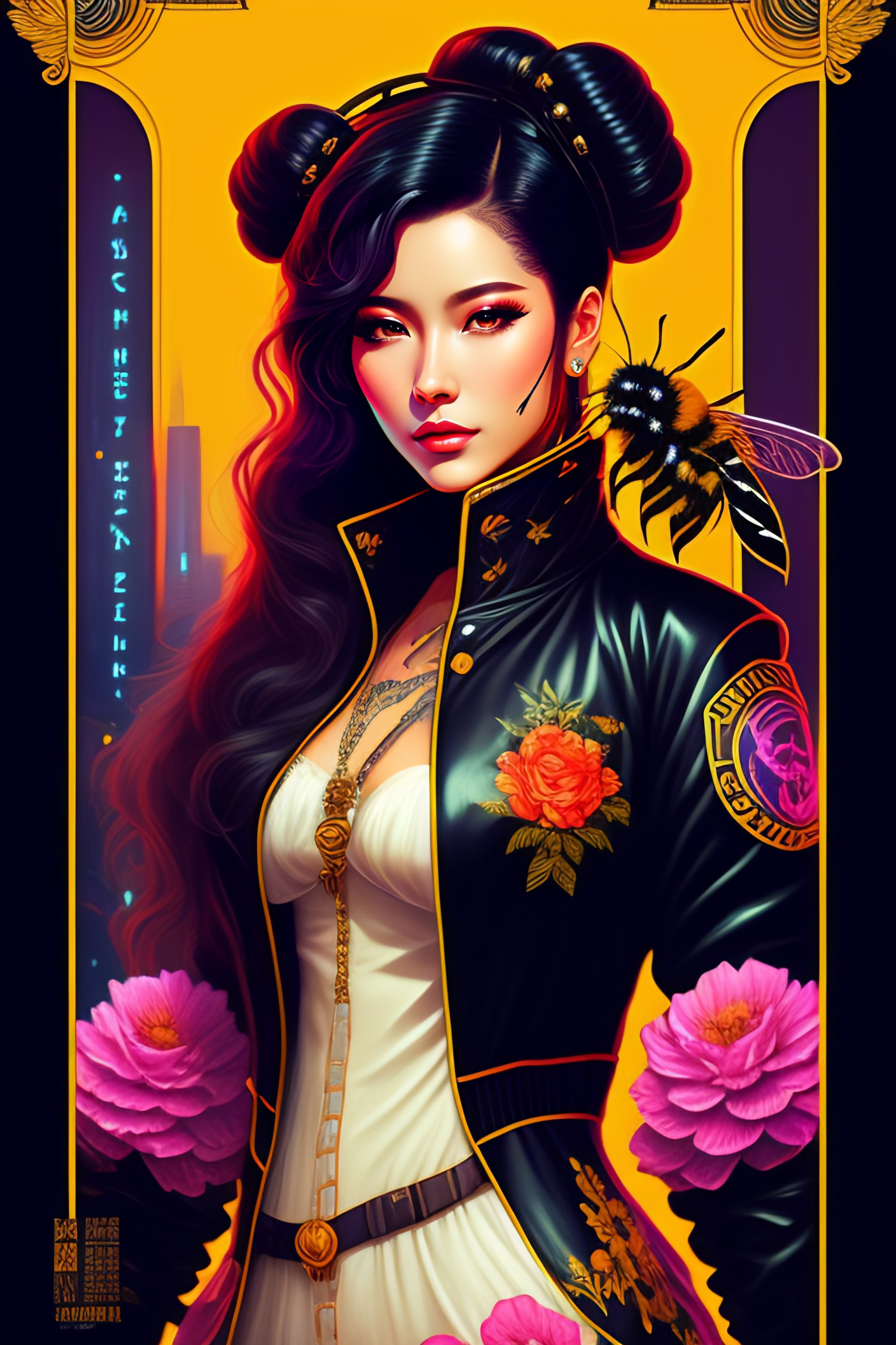 Lexica - Cyberpunk vintage 1820s magazine cover poster, girl with bee ...