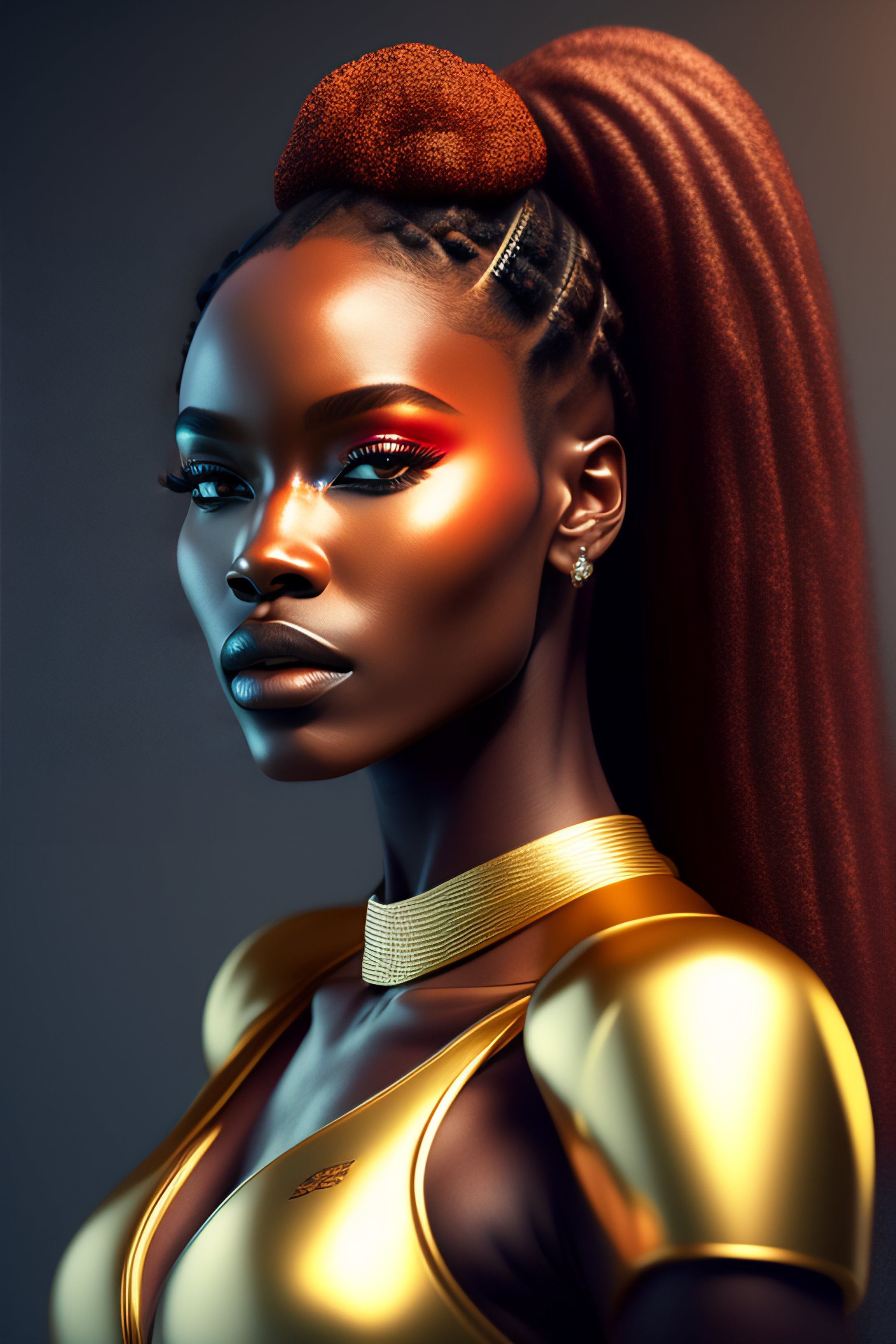 Lexica - Cyborg, long hair ponytail, full-bodied portrait of a metallic ...