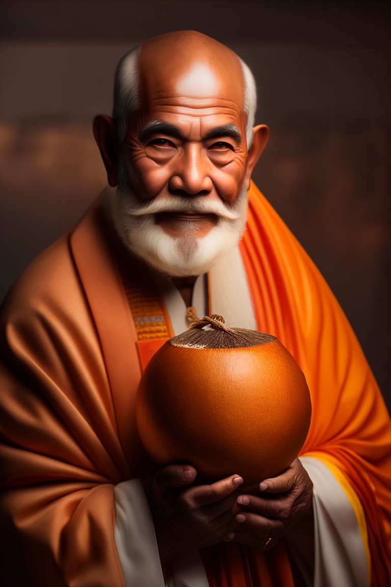 Lexica - Image of an old monk in his hand holding a coconut, looking ...