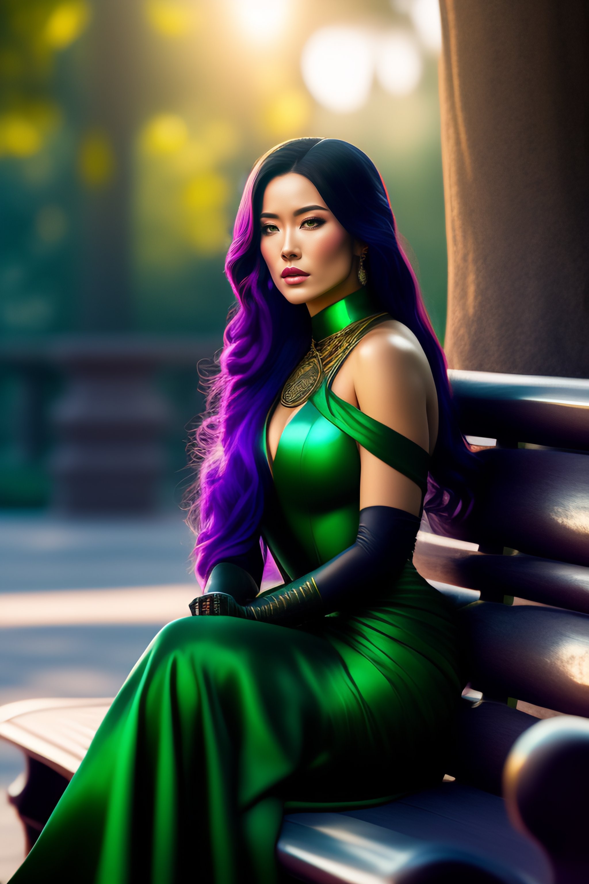 Lexica - Psylocke sitting on a park bench, dramtic, cimenatic lighting ...