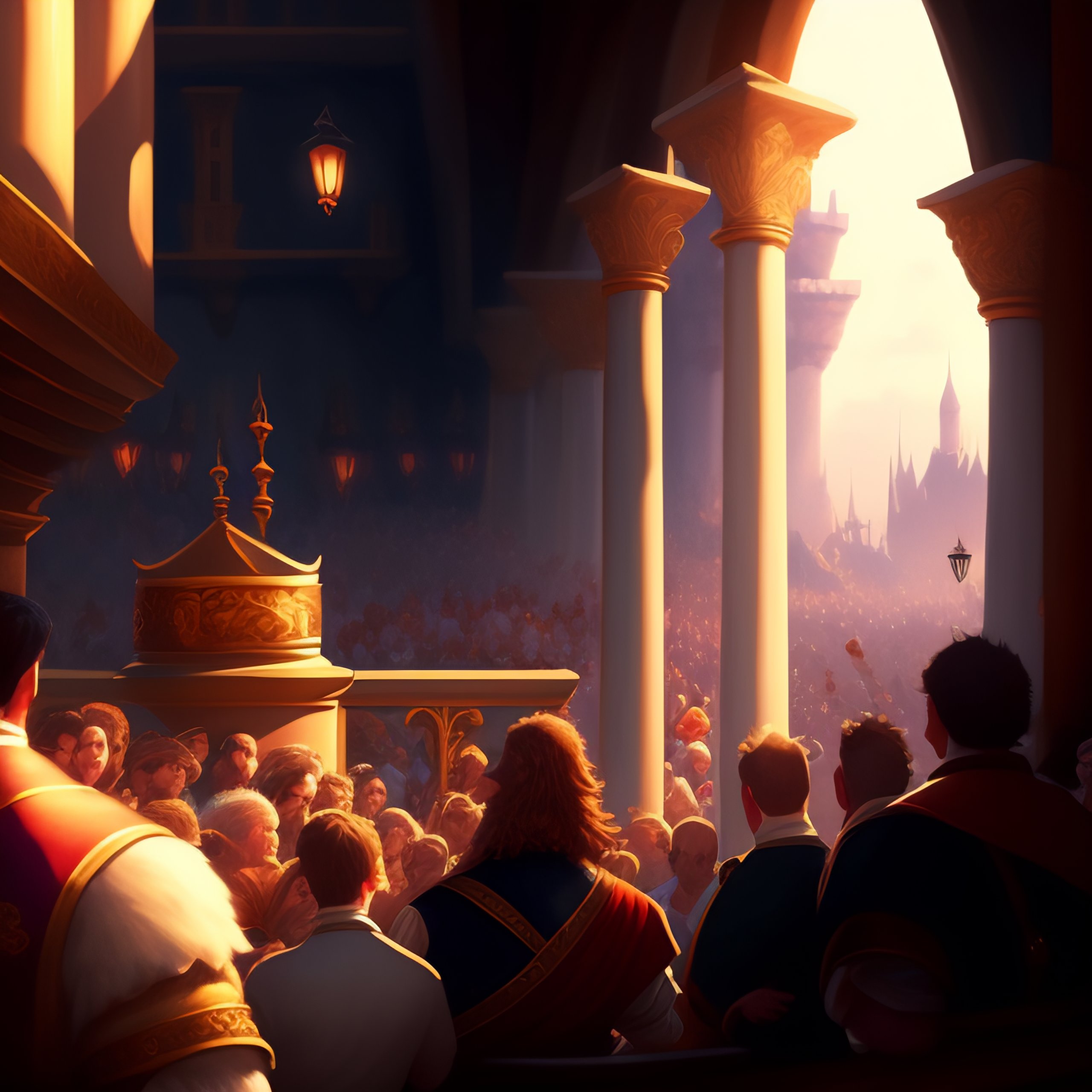 Lexica - Drunken cheering crowd below castle balcony, low angle ...