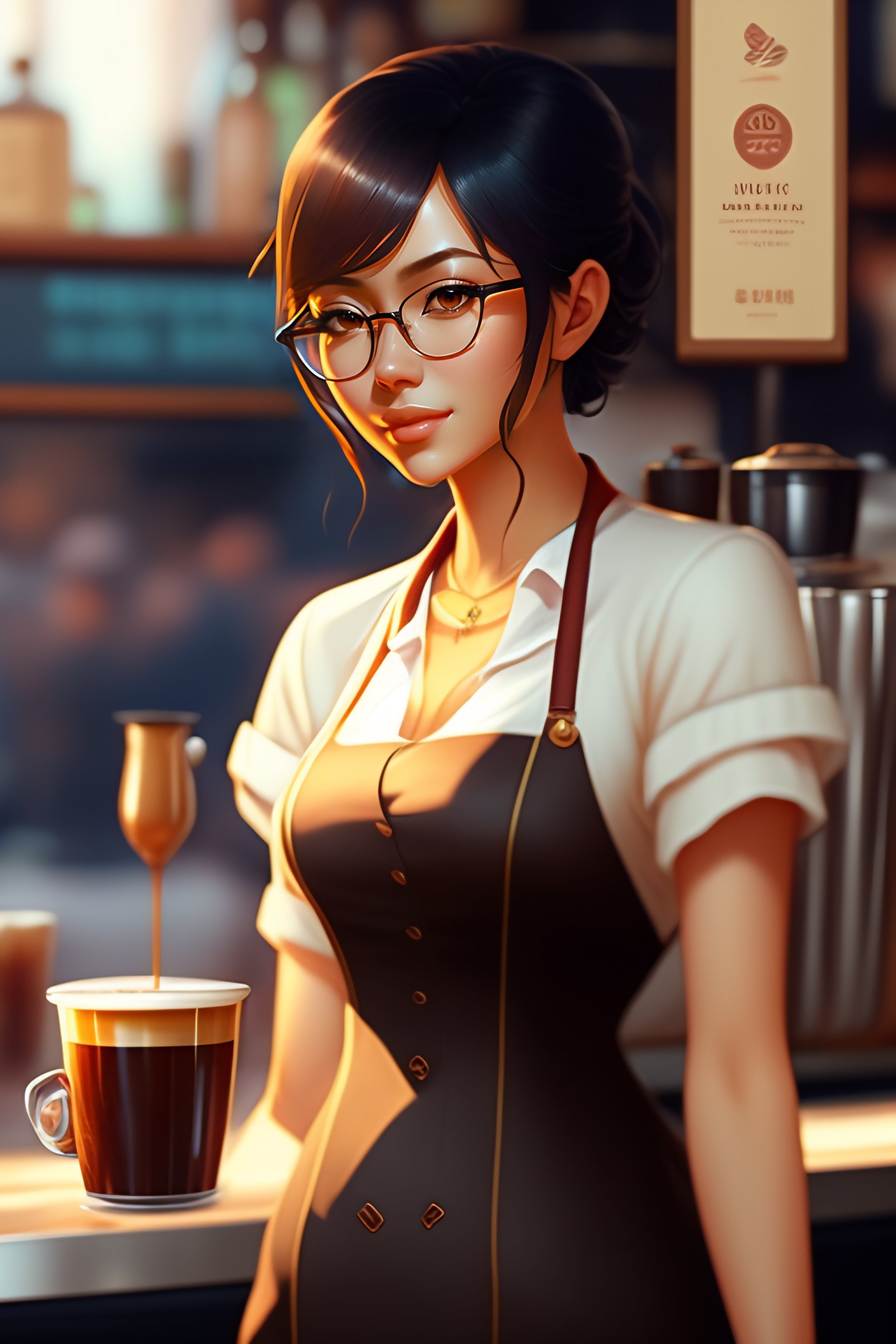 Lexica - Cute barista in brown dress black hair black wayfarer glasses ...