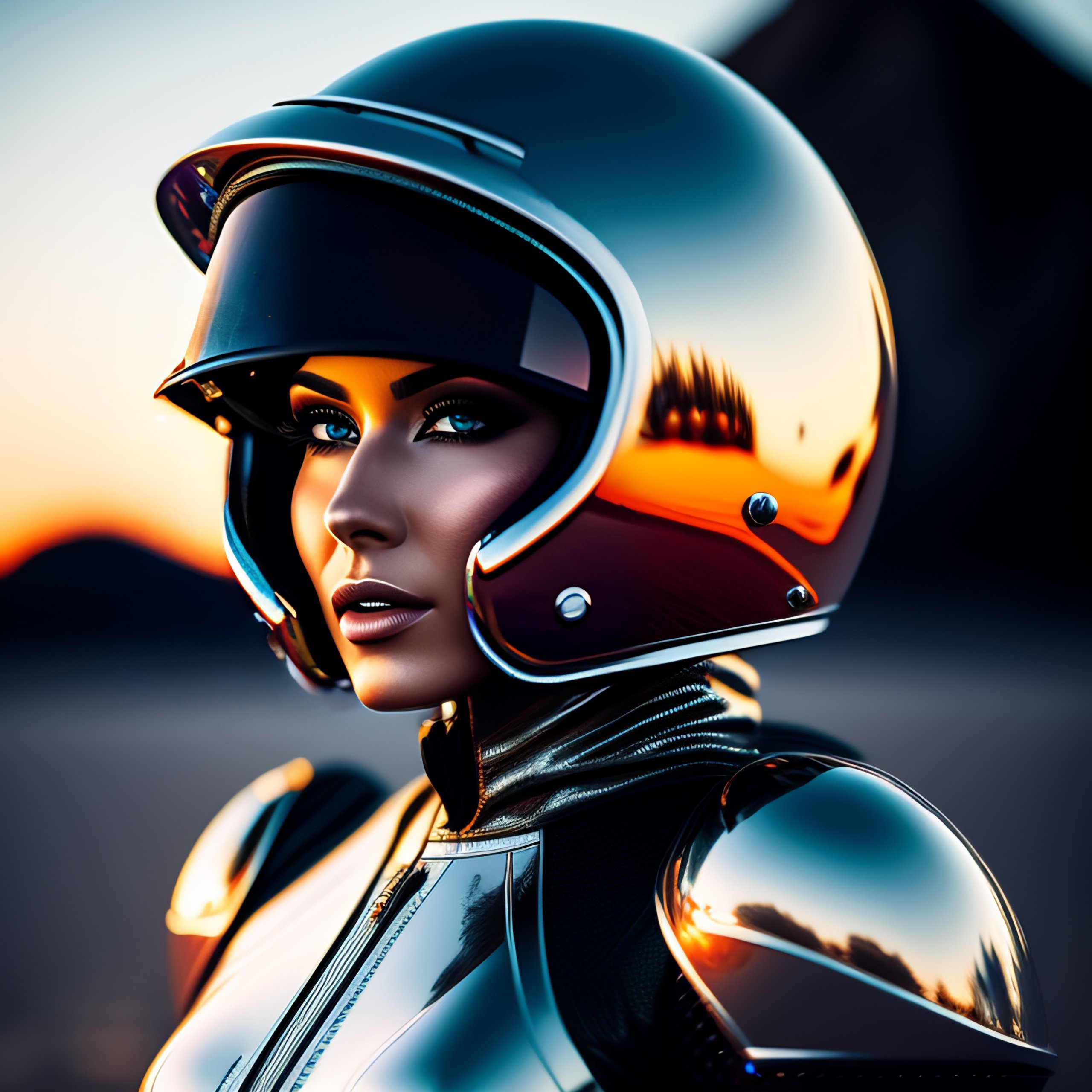 Lexica - Cyber girl wearing a chrome suit driving a motorcycle on a ...