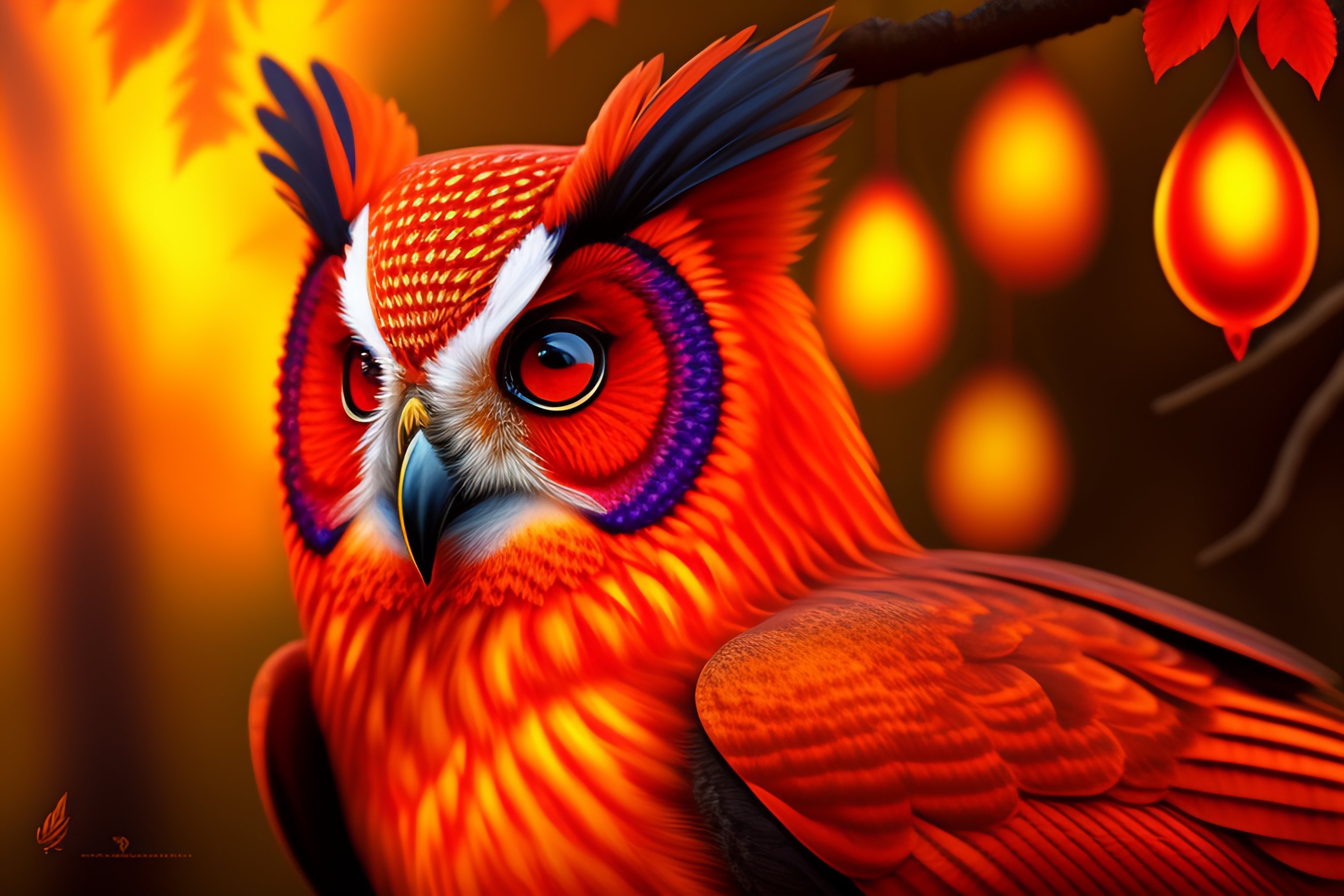 Lexica - Radiant red owl, glowing amber, autumn colours, highly ...