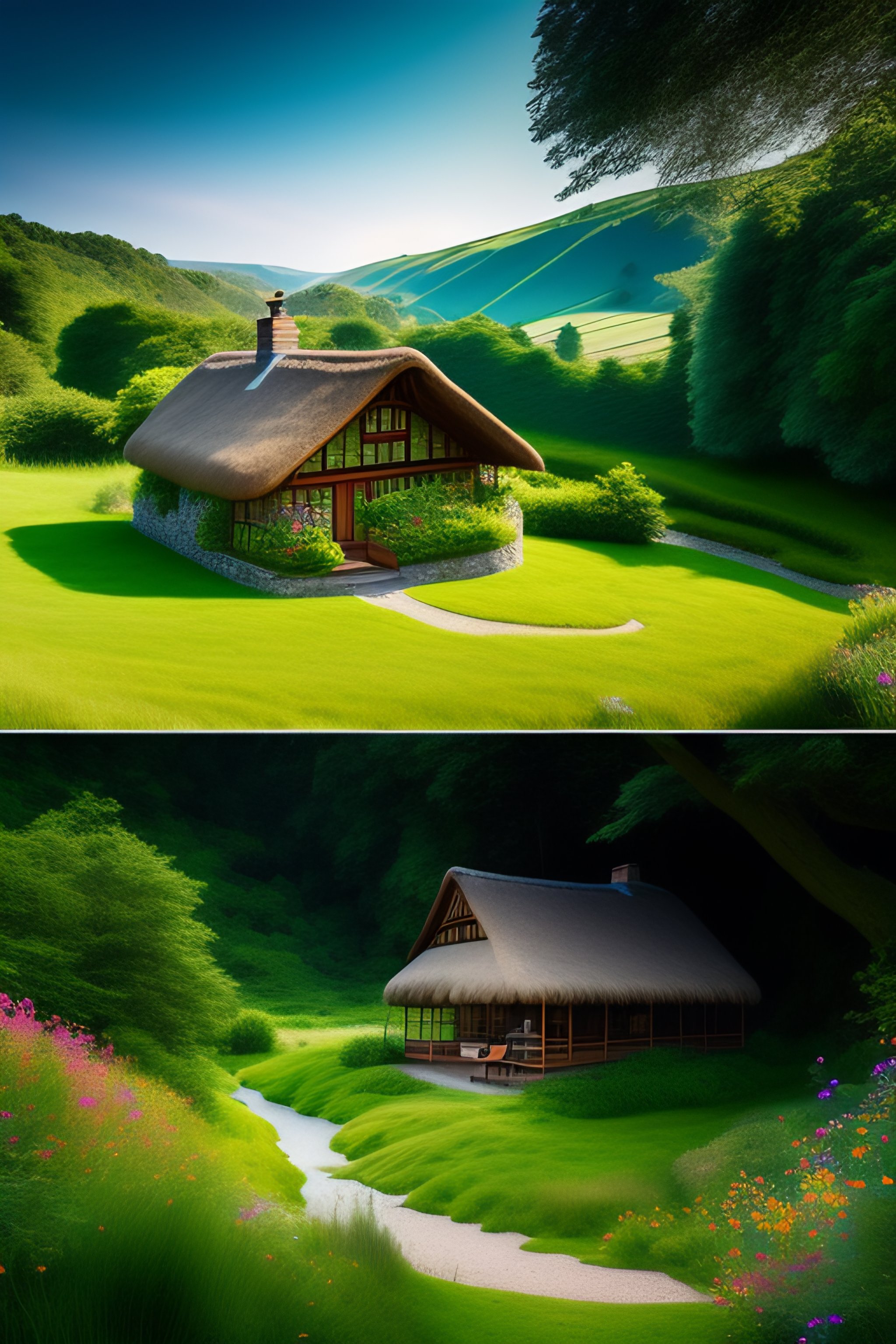 Lexica - Picture a house nestled among rolling hills and lush greenery ...