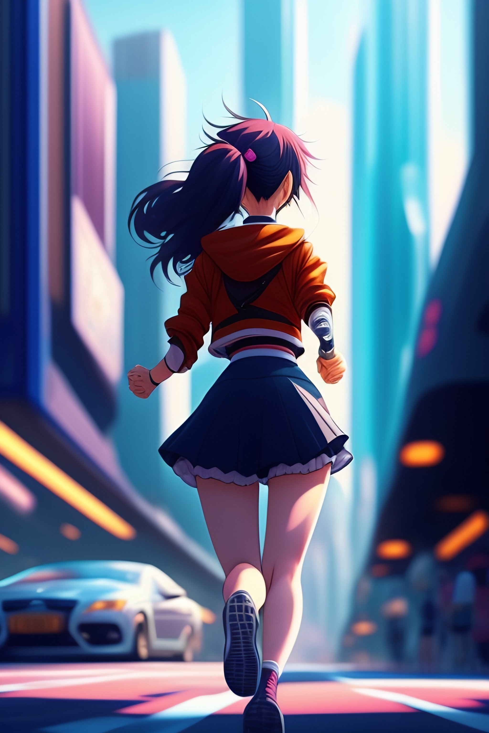 Lexica - Anime girl running in street, cyberpunk city, big tall ...