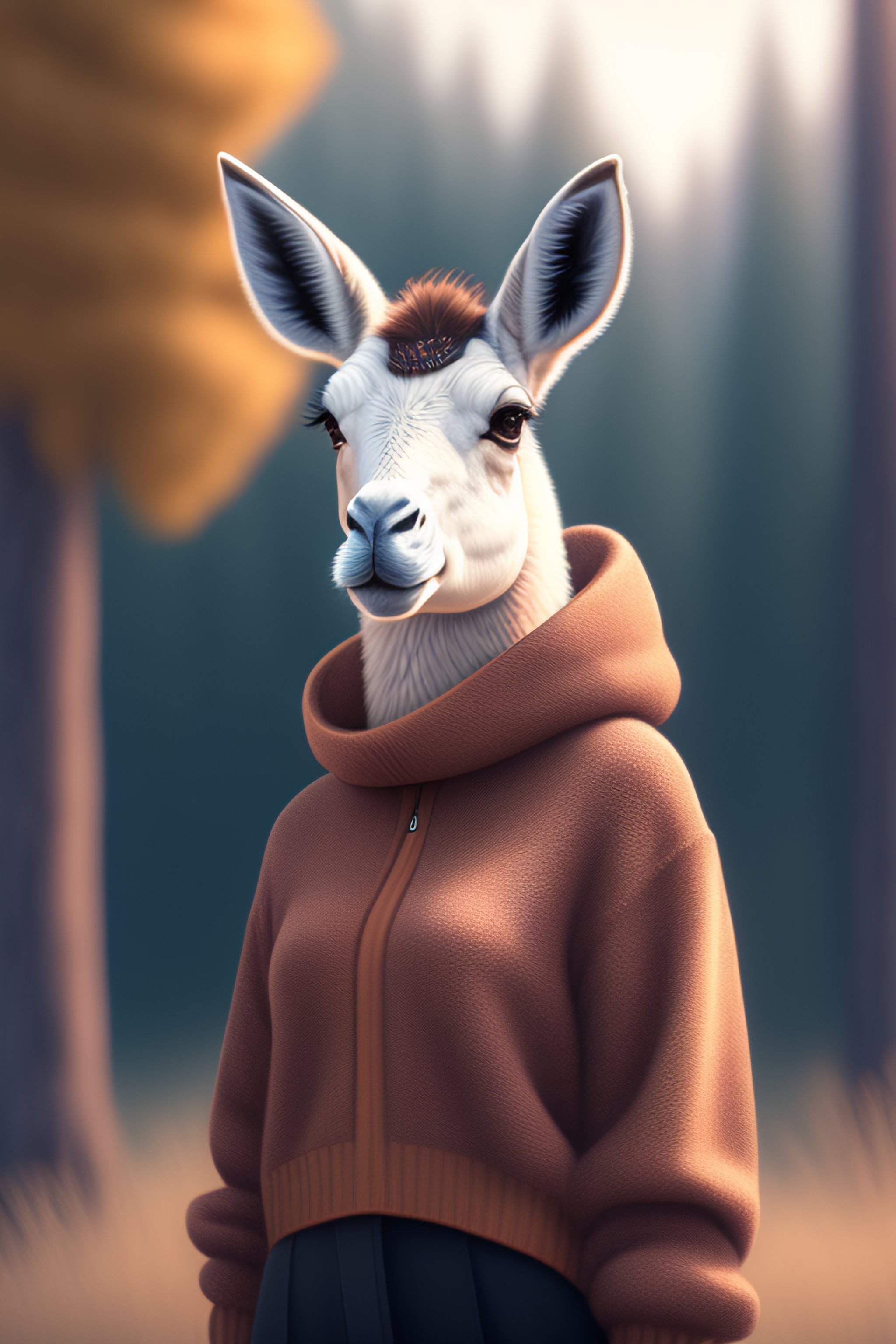 Lexica - Female anthropomorphic llama in sweater outfit, realistic ...