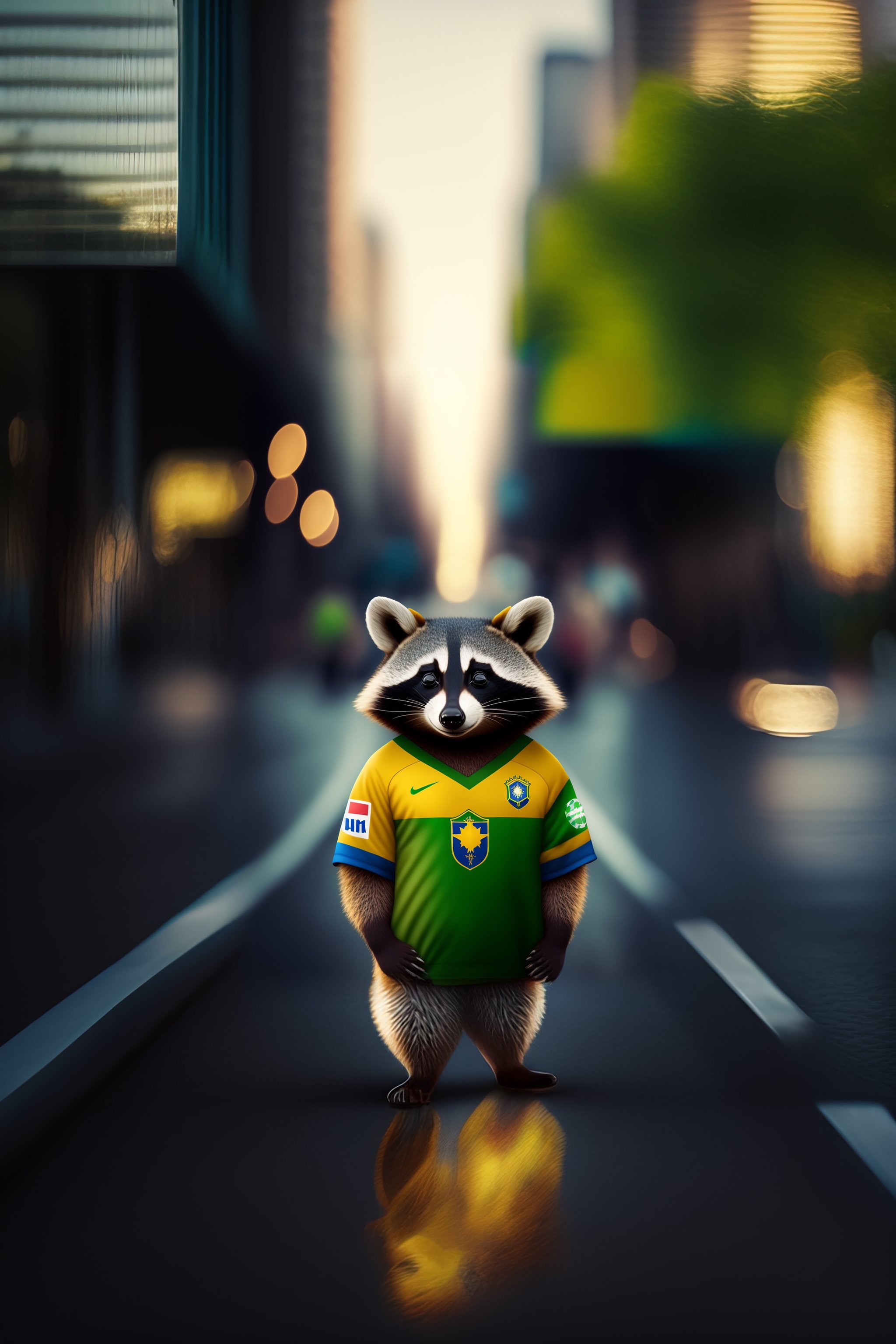 Lexica - Cute raccoon traveling in the city, with a smile, wearing a ...