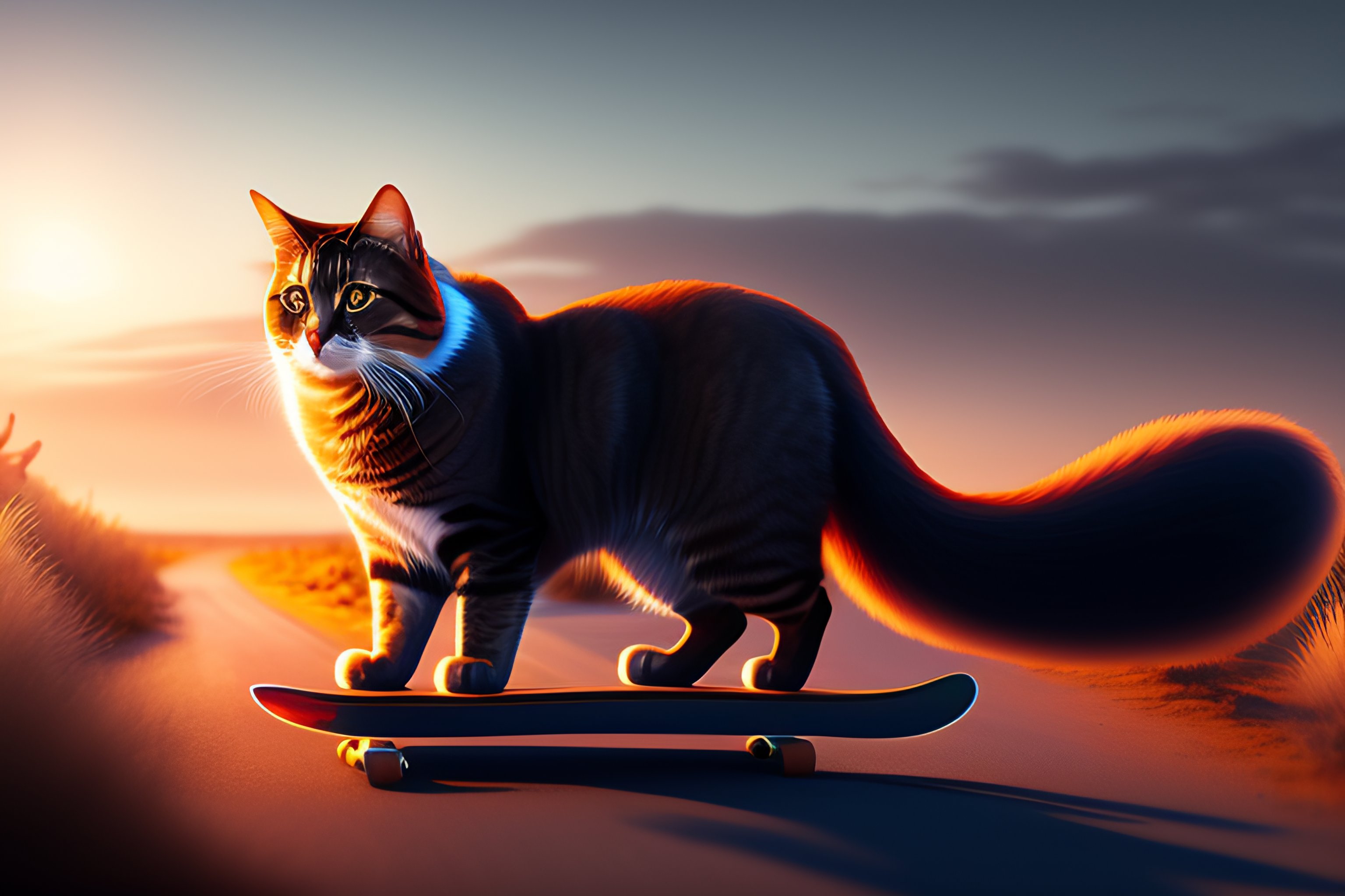 Lexica - A cat on an epic quest driving a skateboard strolling through ...