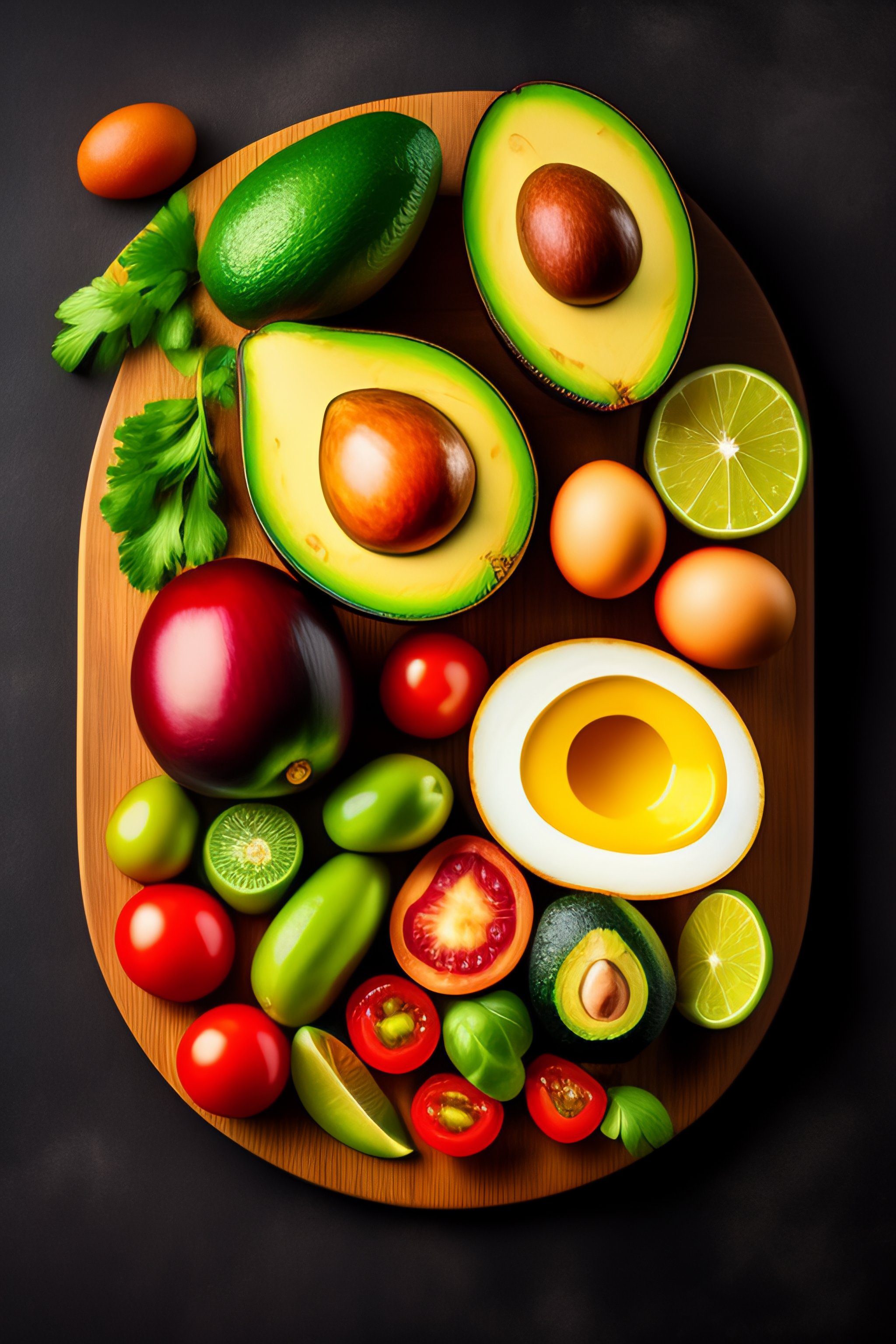 Lexica - Very healthy food plate with avocados, tomatoes, eggs and ...