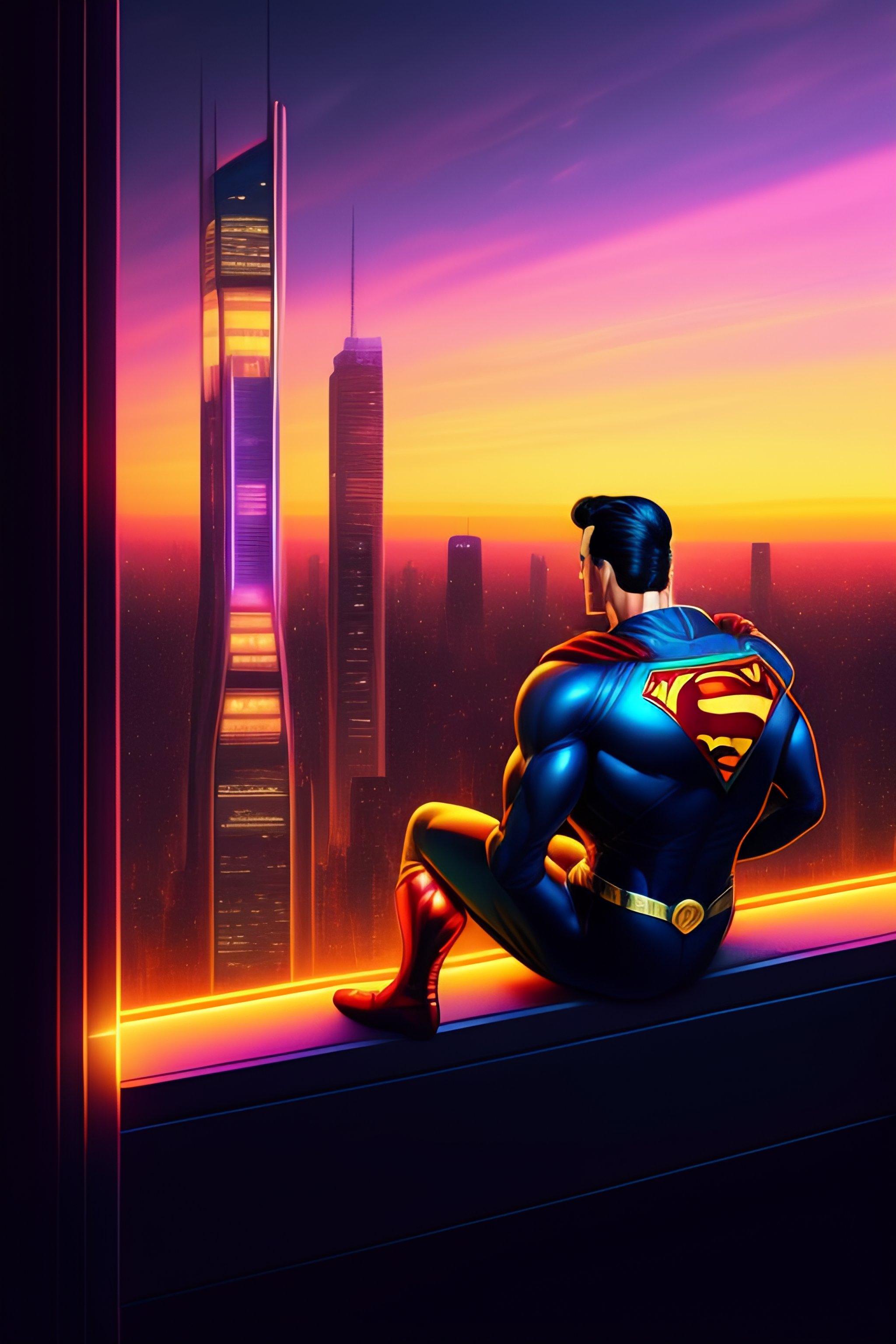 Lexica - A futuristic superman sitting on a roof looking down at a neon ...
