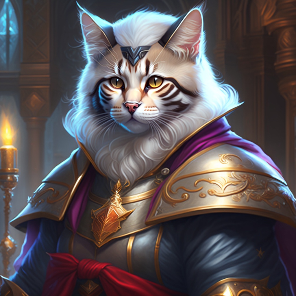 Lexica - Fantasy character art, cat, magus, silver, waterdeep background