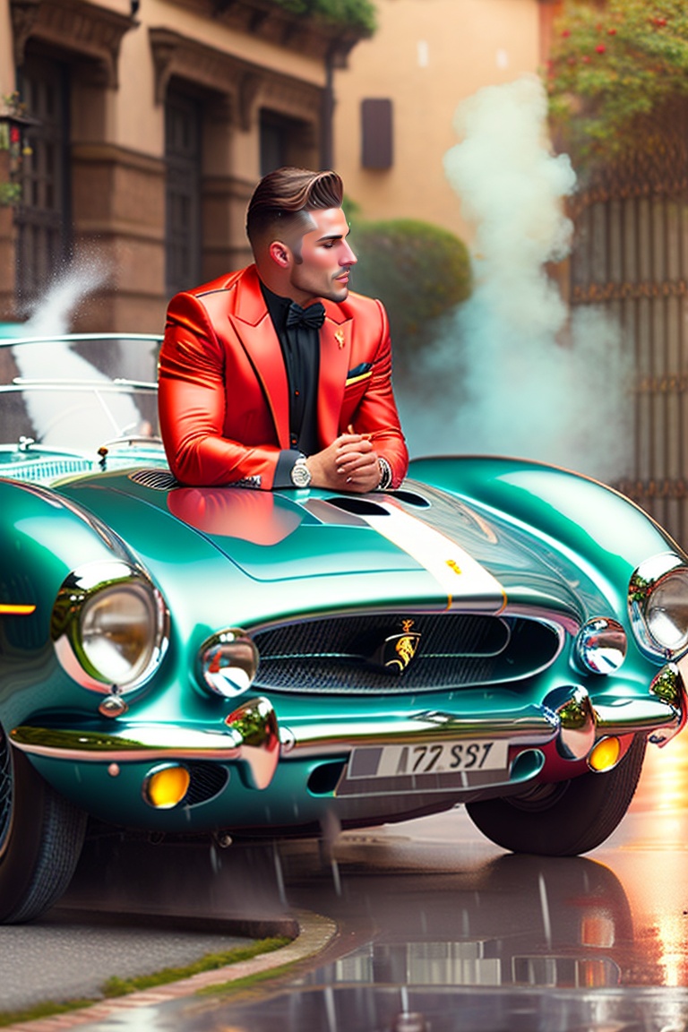 Lexica - Man smoking in the rain behind a classic Ferrari in the space ...