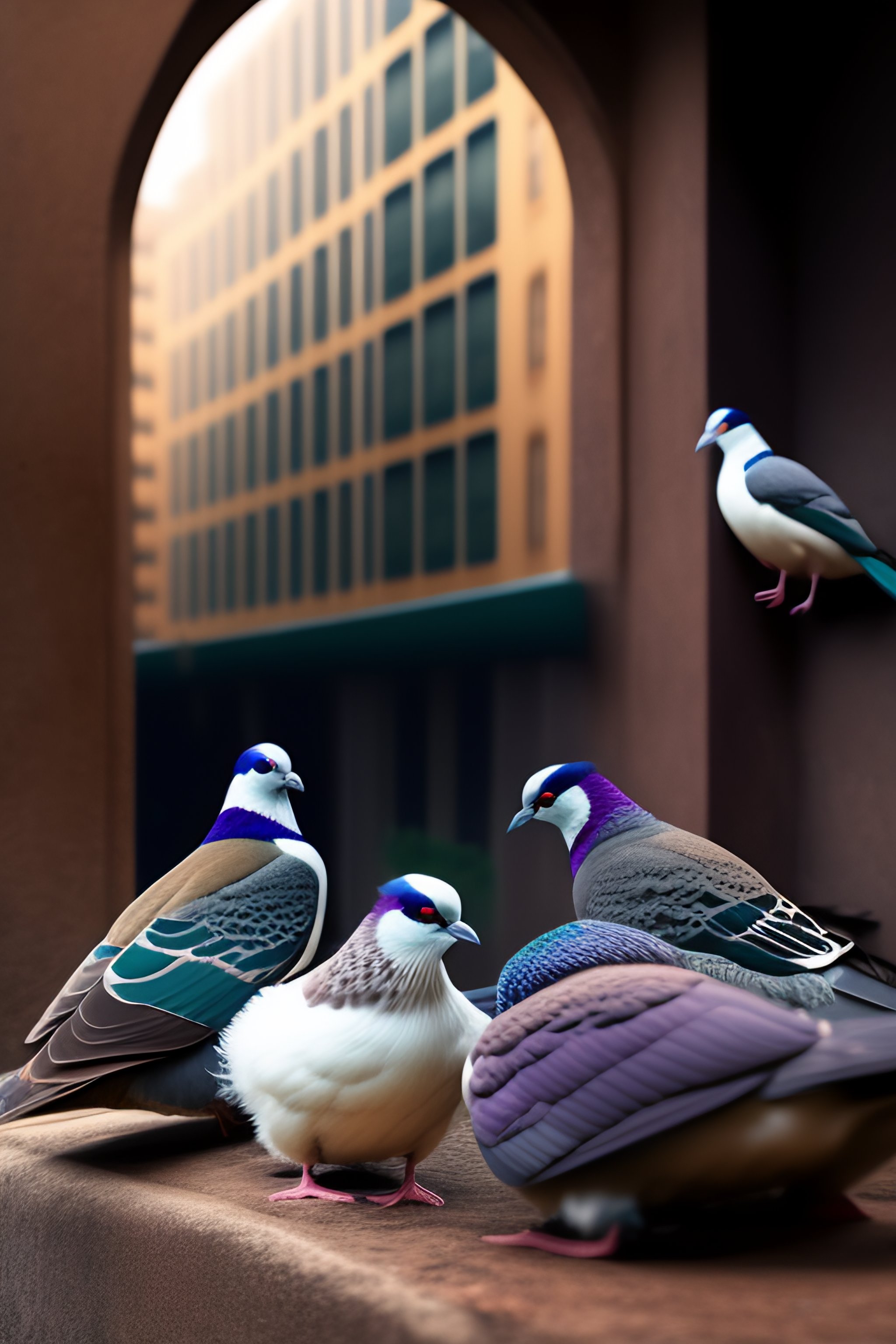 Lexica - Eight pigeon family live in the wall of high building, modern city