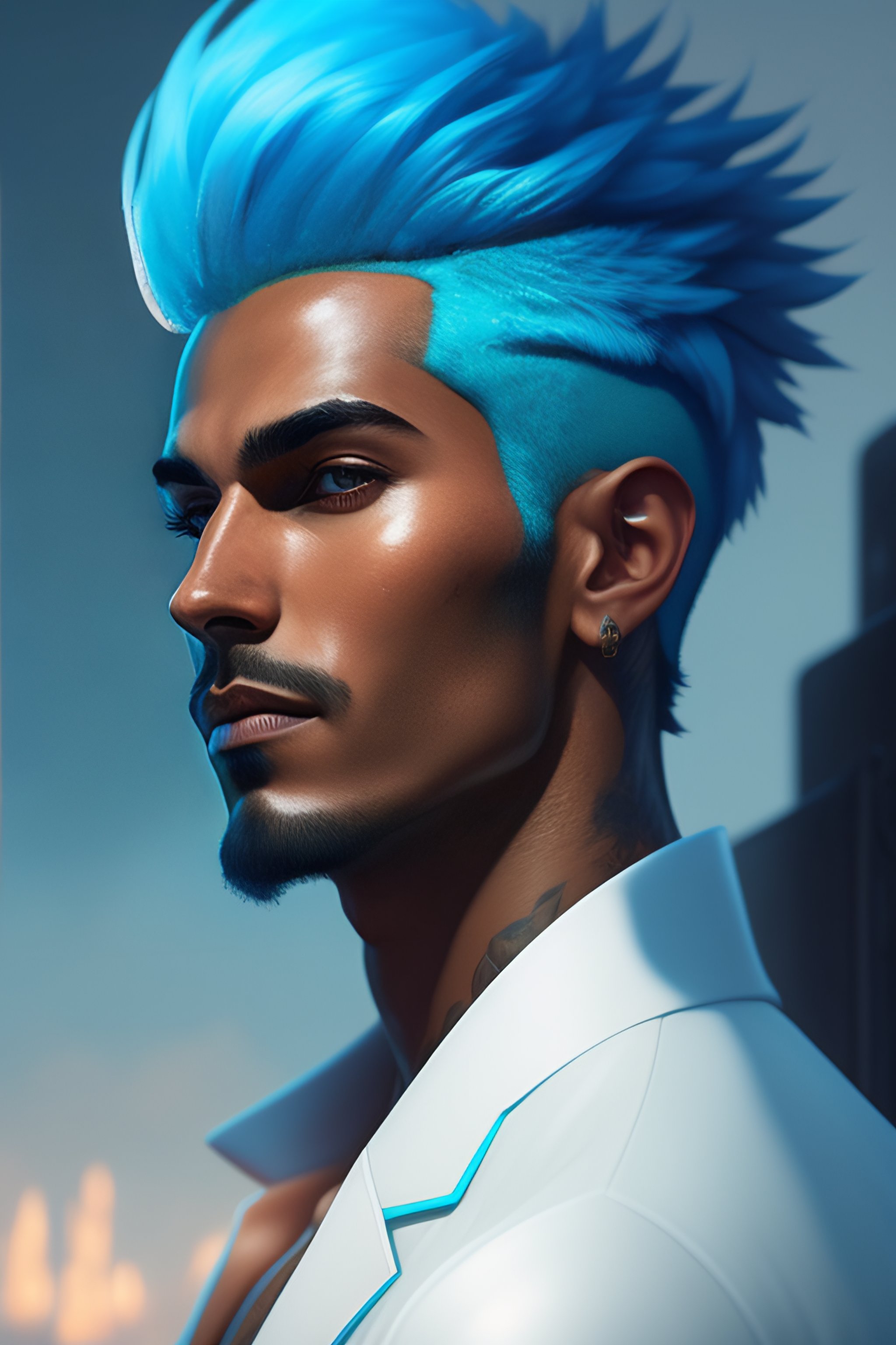 Lexica - A portrait of a tanned male scientist with cyan blue hair by ...
