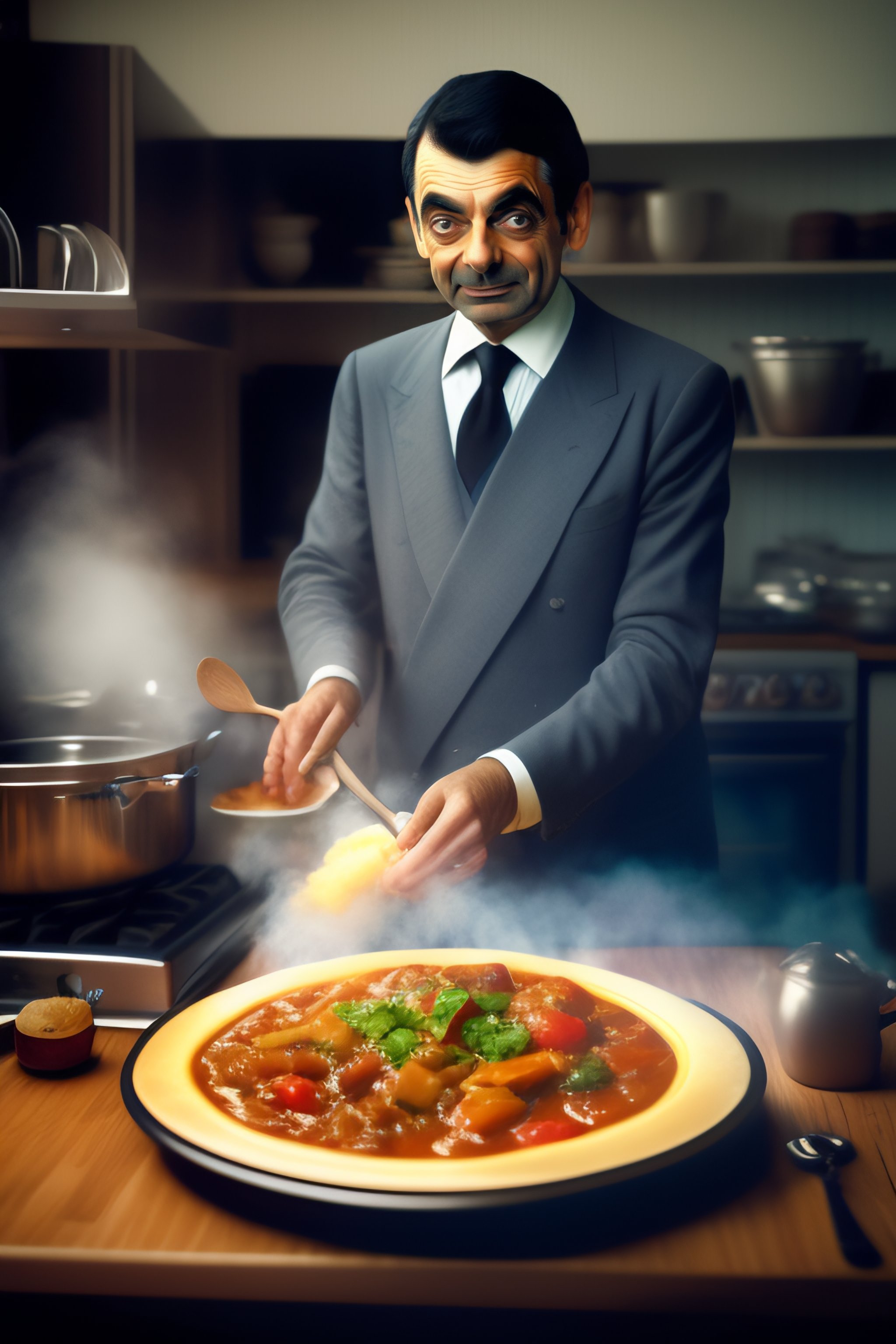 Lexica - A polaroid of Mr Bean cooking