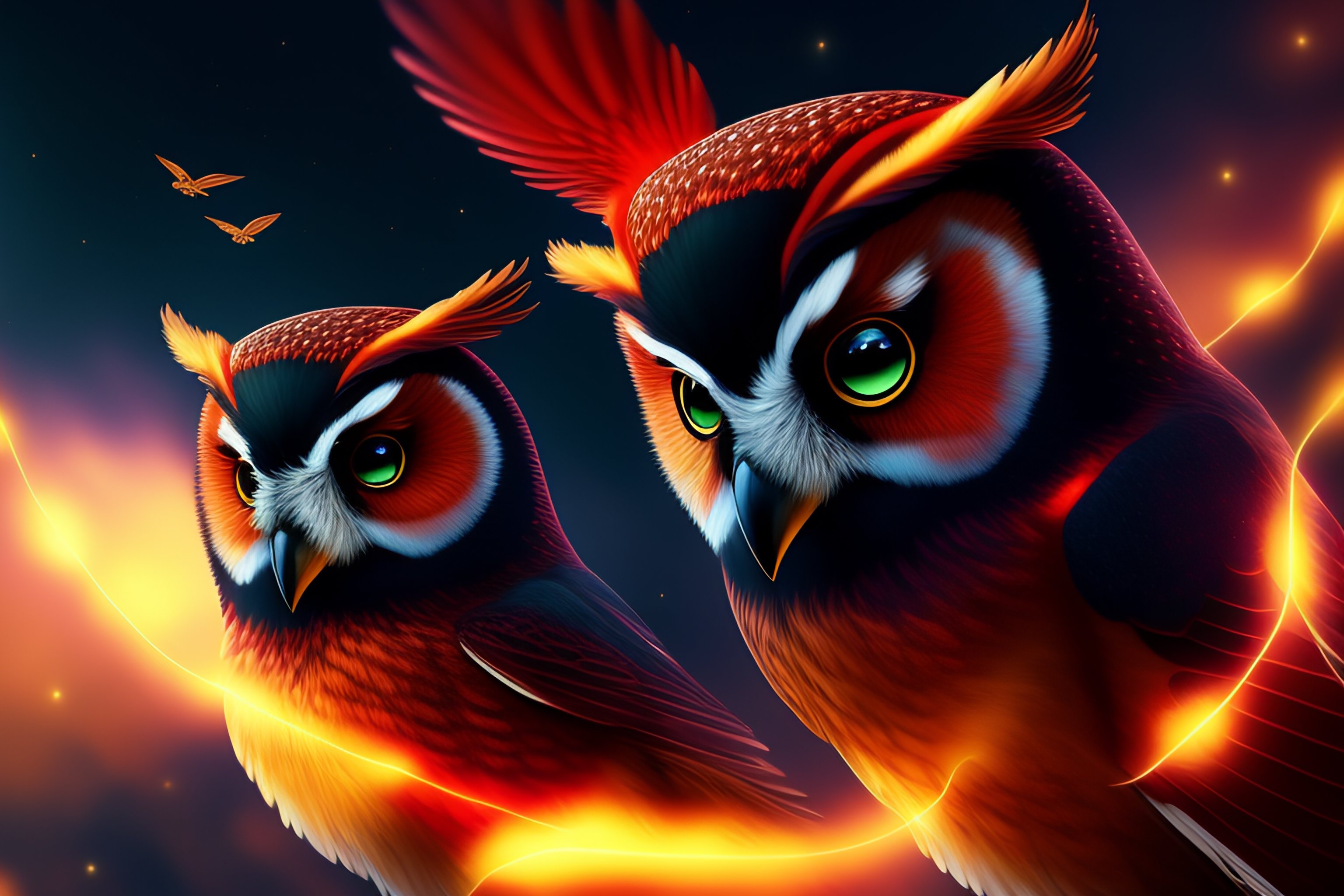 Lexica - Epic picture of comic owls, connected with a black, red ...