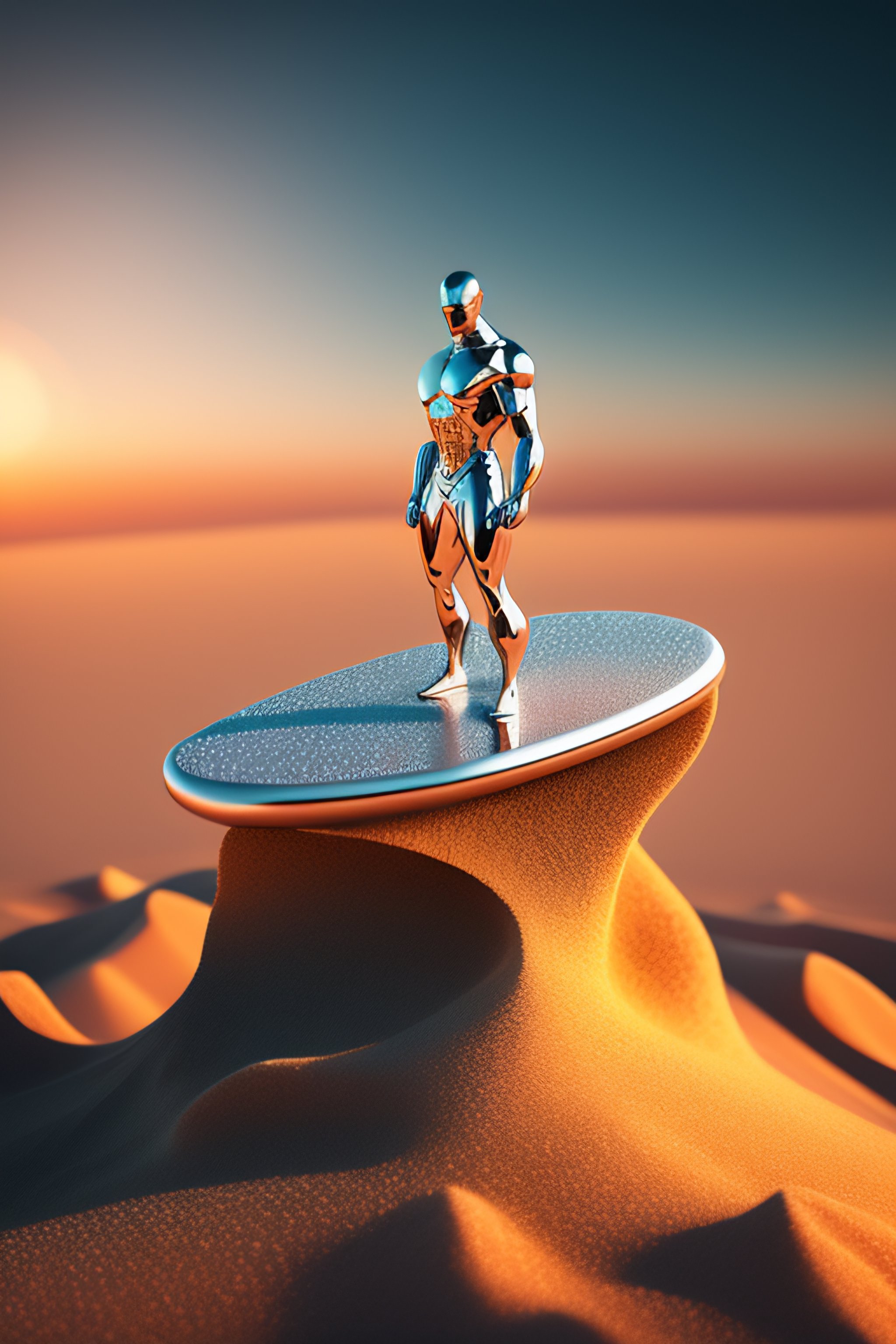 Lexica - Silver surfer, on top of his surf board, sand, wind, with ...