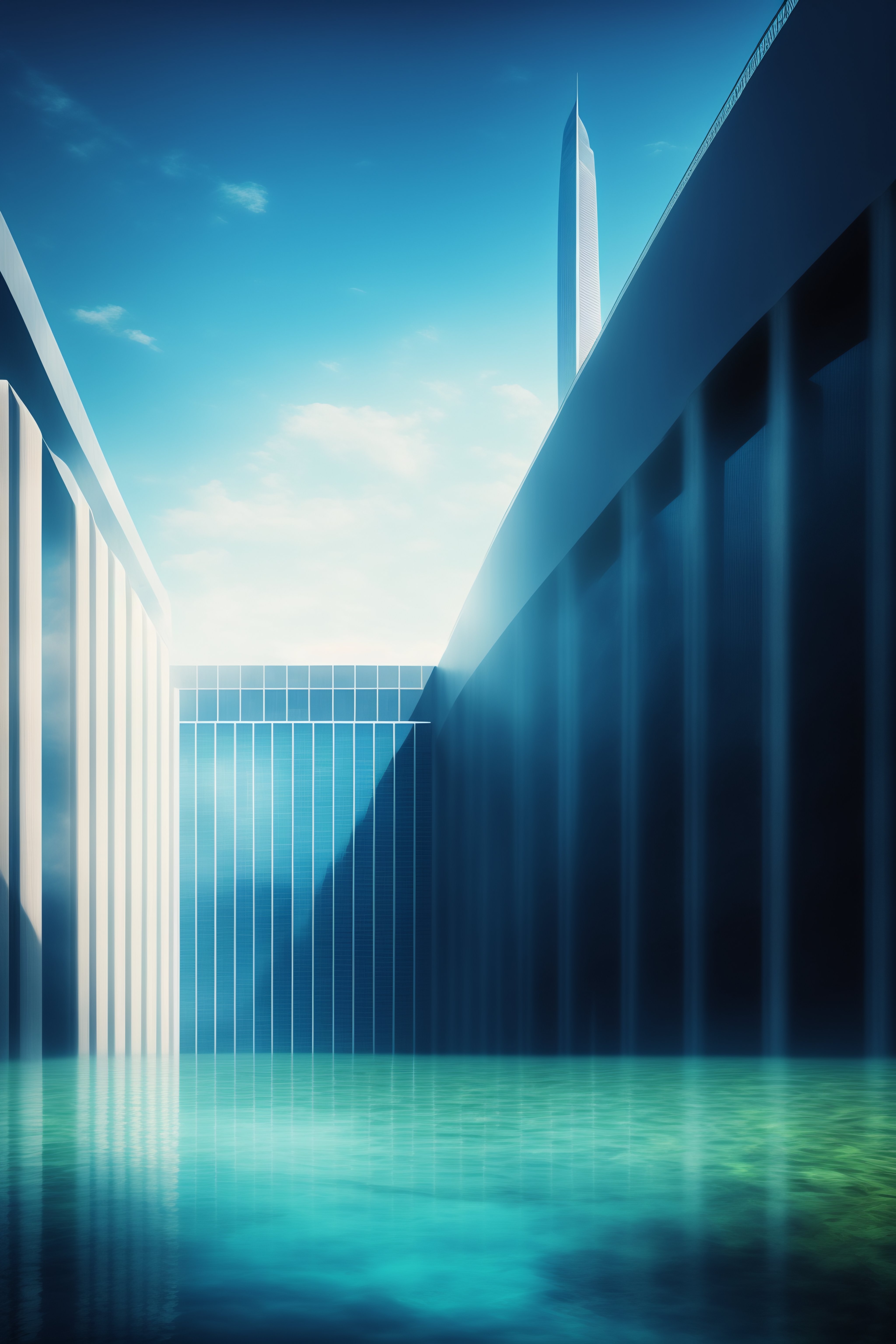 Lexica - Dam cracked, clear blue water flooding, flooded office ...