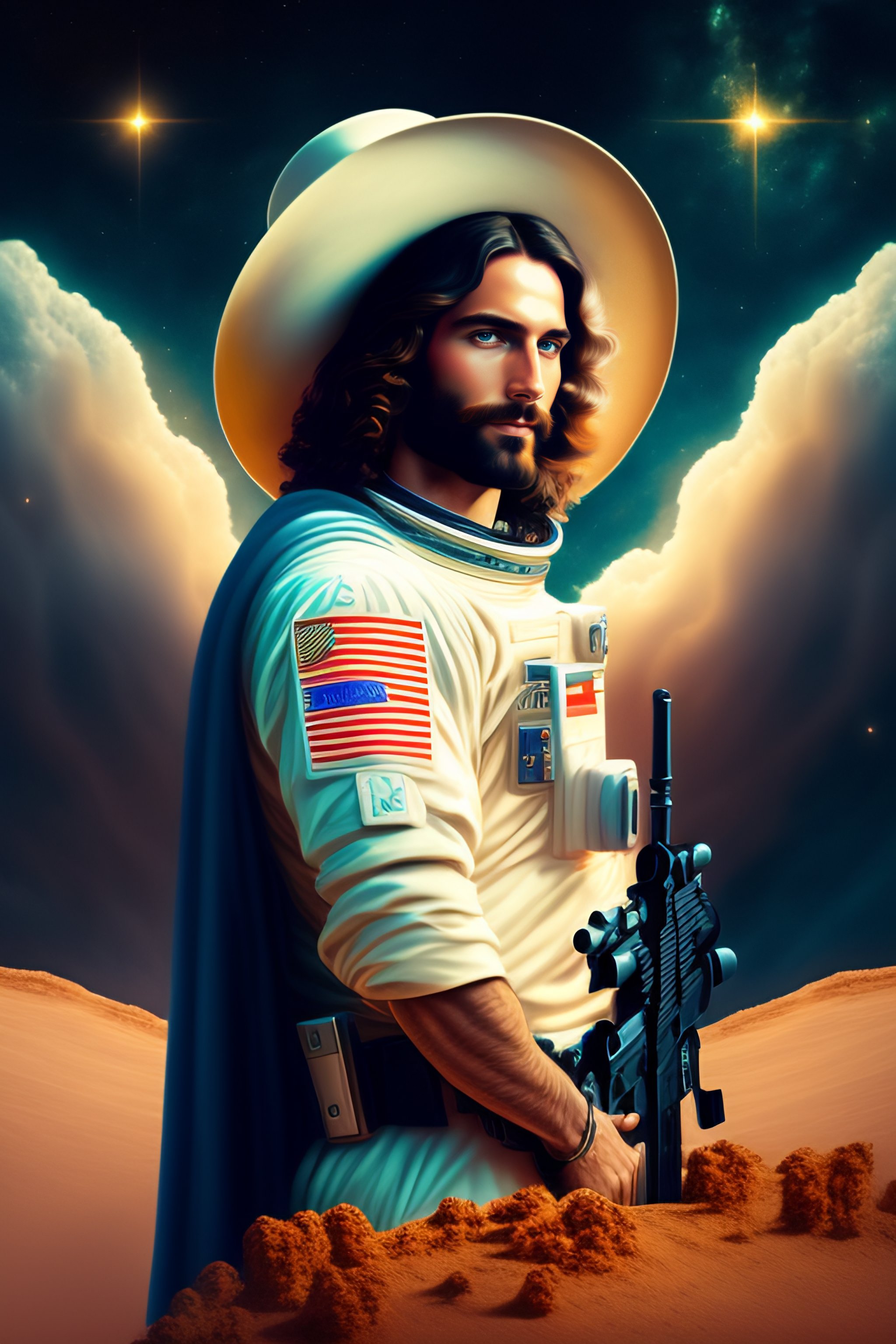 Lexica - Jesus Christ as astronaut with cowboy hat and lot of guns