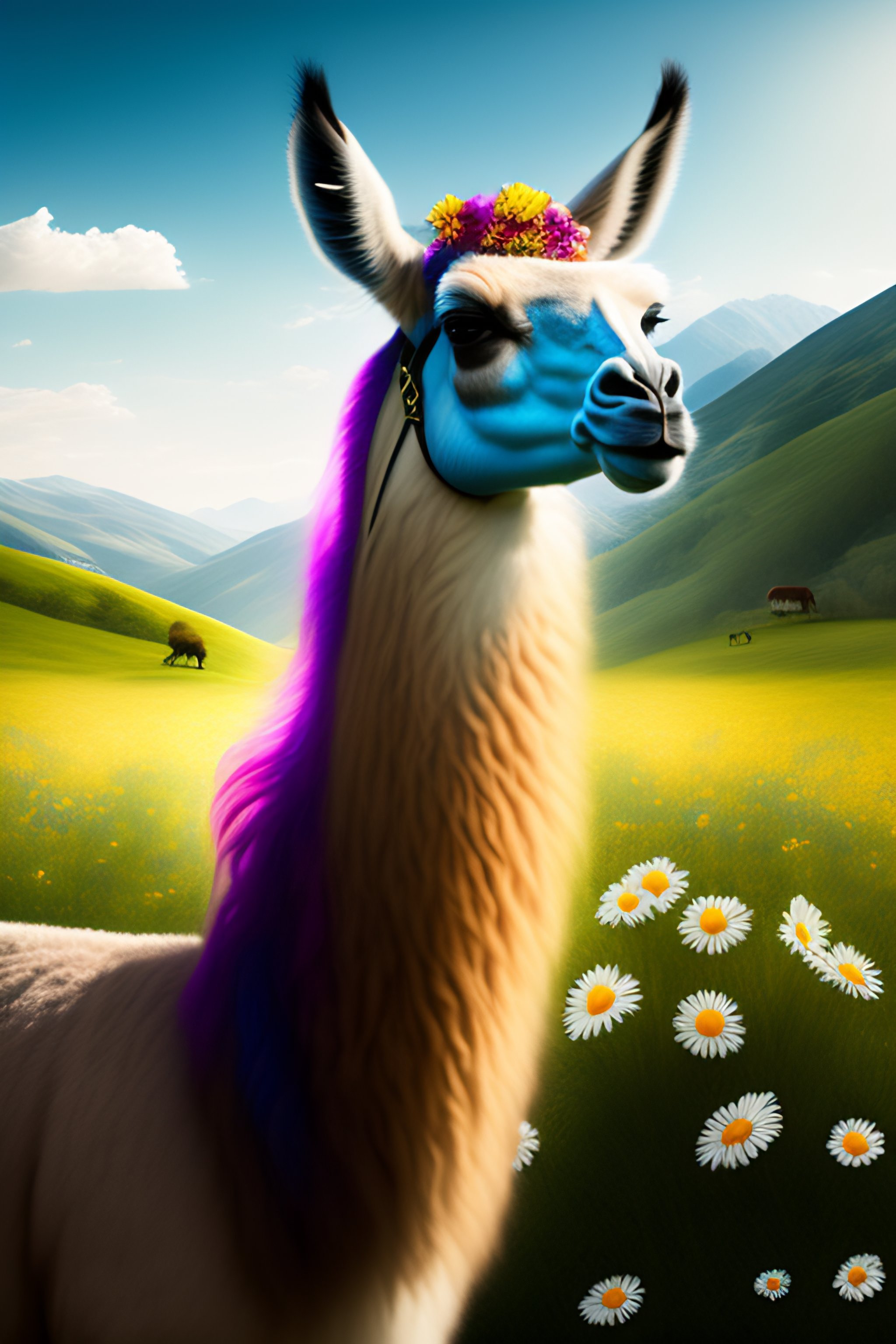 Lexica - Lady with llamas italian in a meadow with daisies