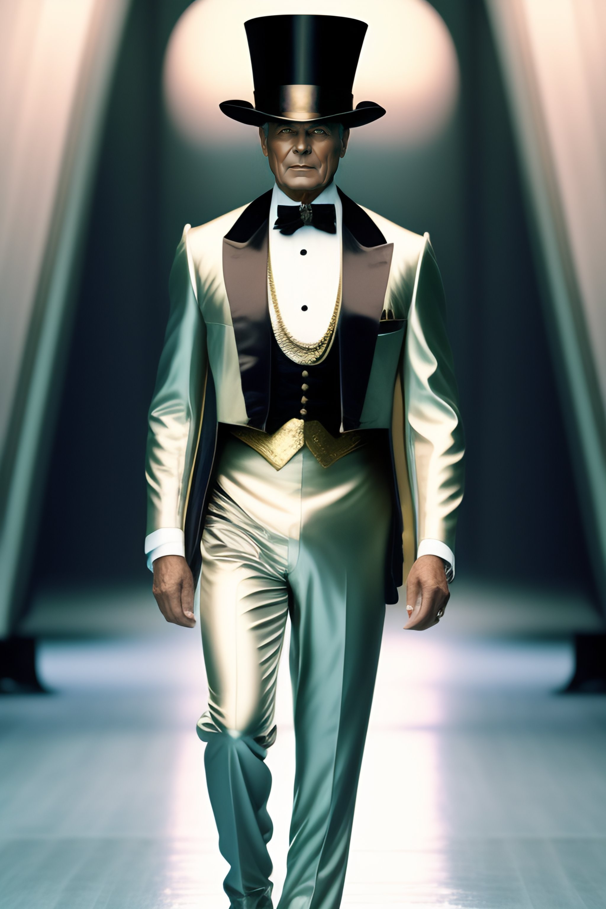 Lexica - Old human male, metallic body, wearing a high form outfit ...