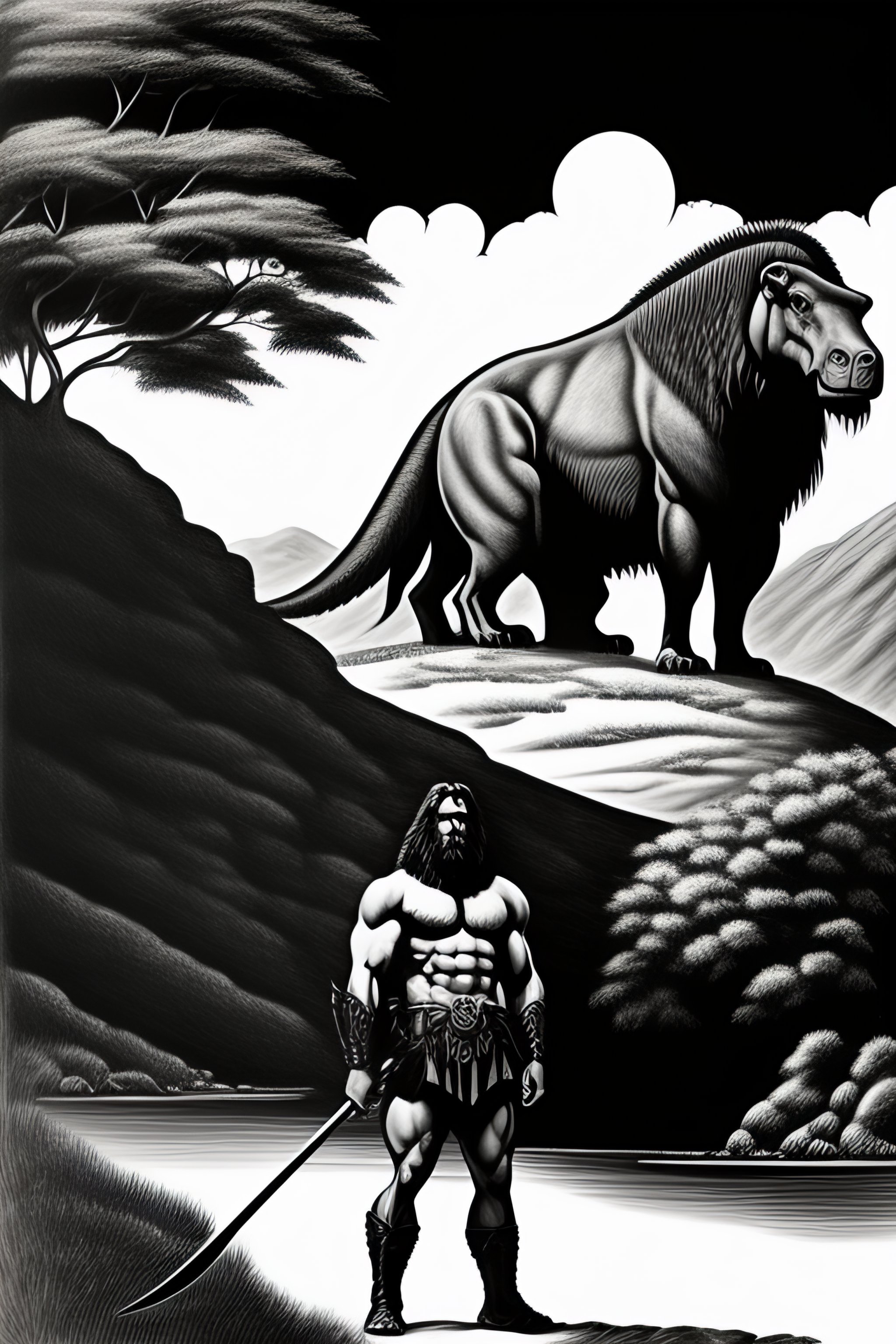 Lexica - Landscape drawing of a muscular caveman with a spear standing ...