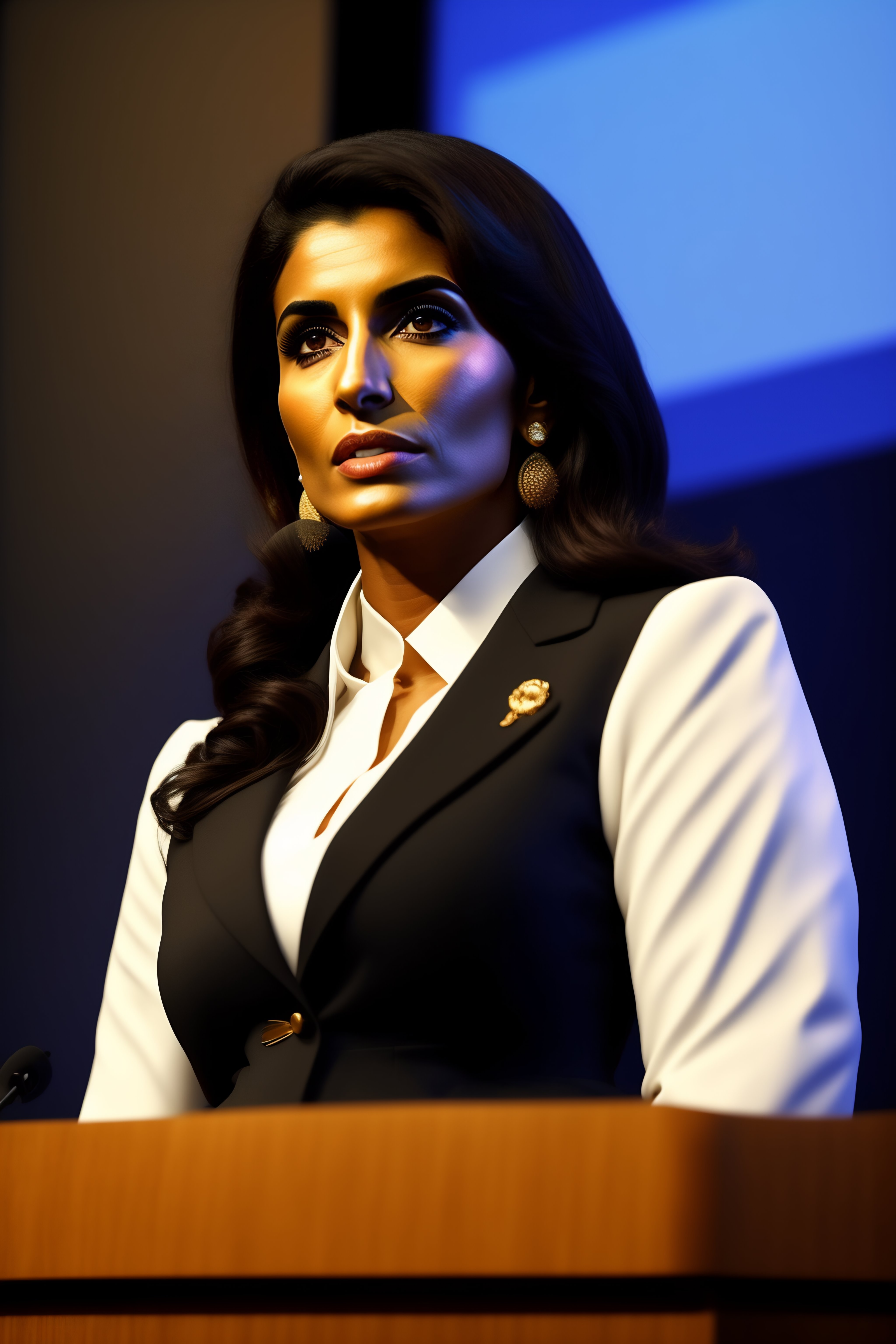 Lexica - Serious looking, dark-skinned Iranian woman wearing a smart ...