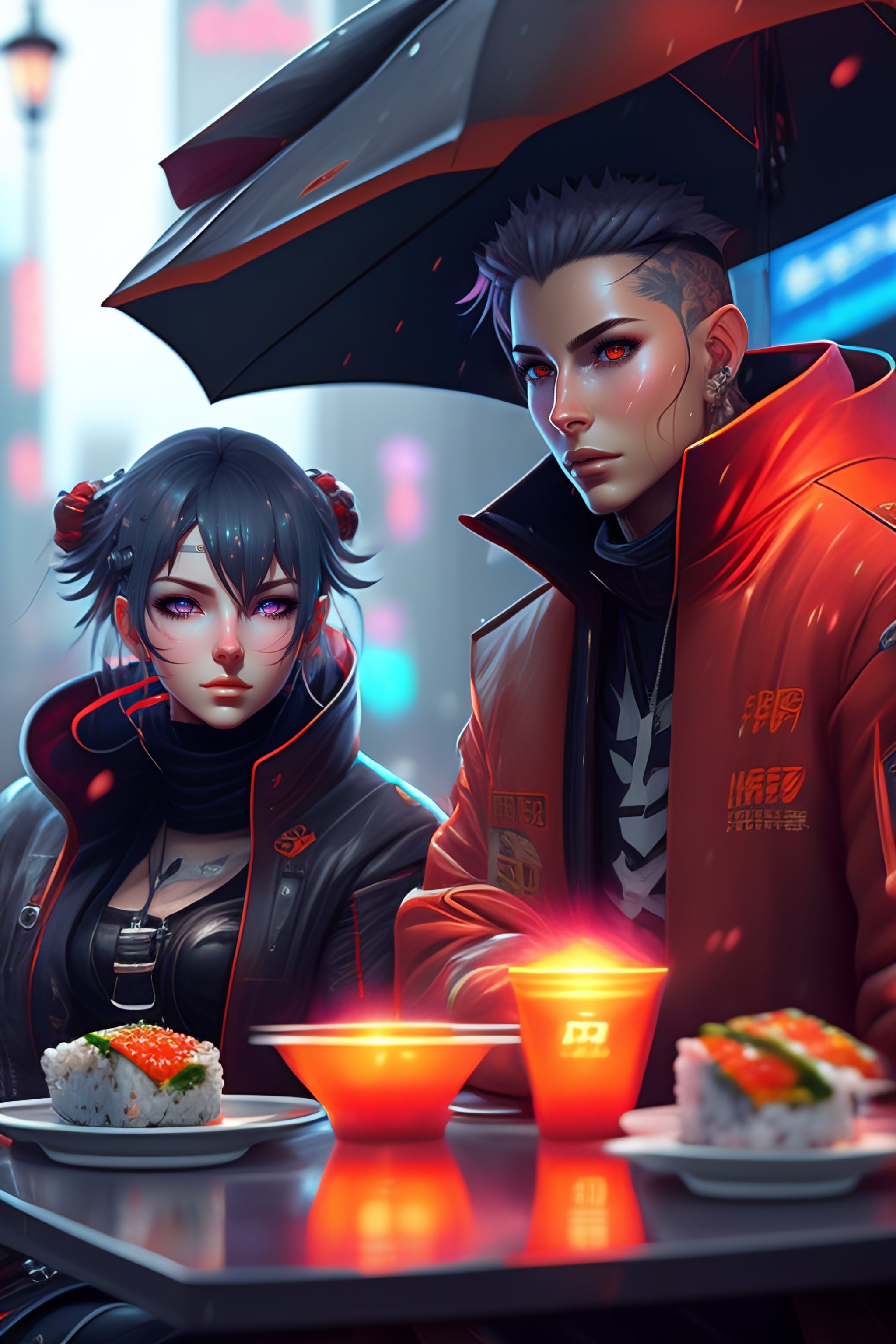 Lexica - A group of cyberpunk cyborg eating sushi on a table outside in ...