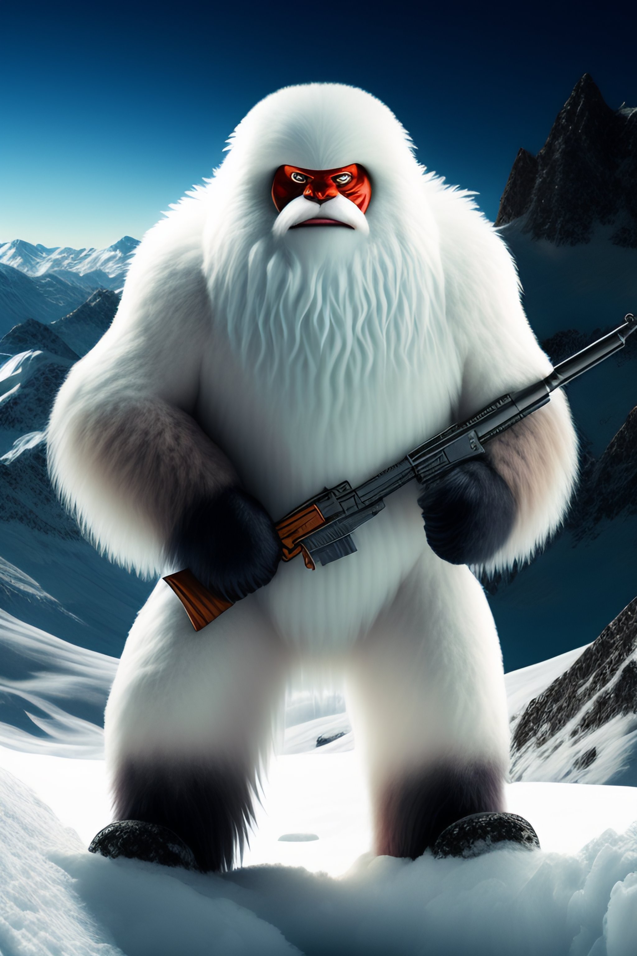 Lexica - Abominable snowman in the mountains holding a weapon