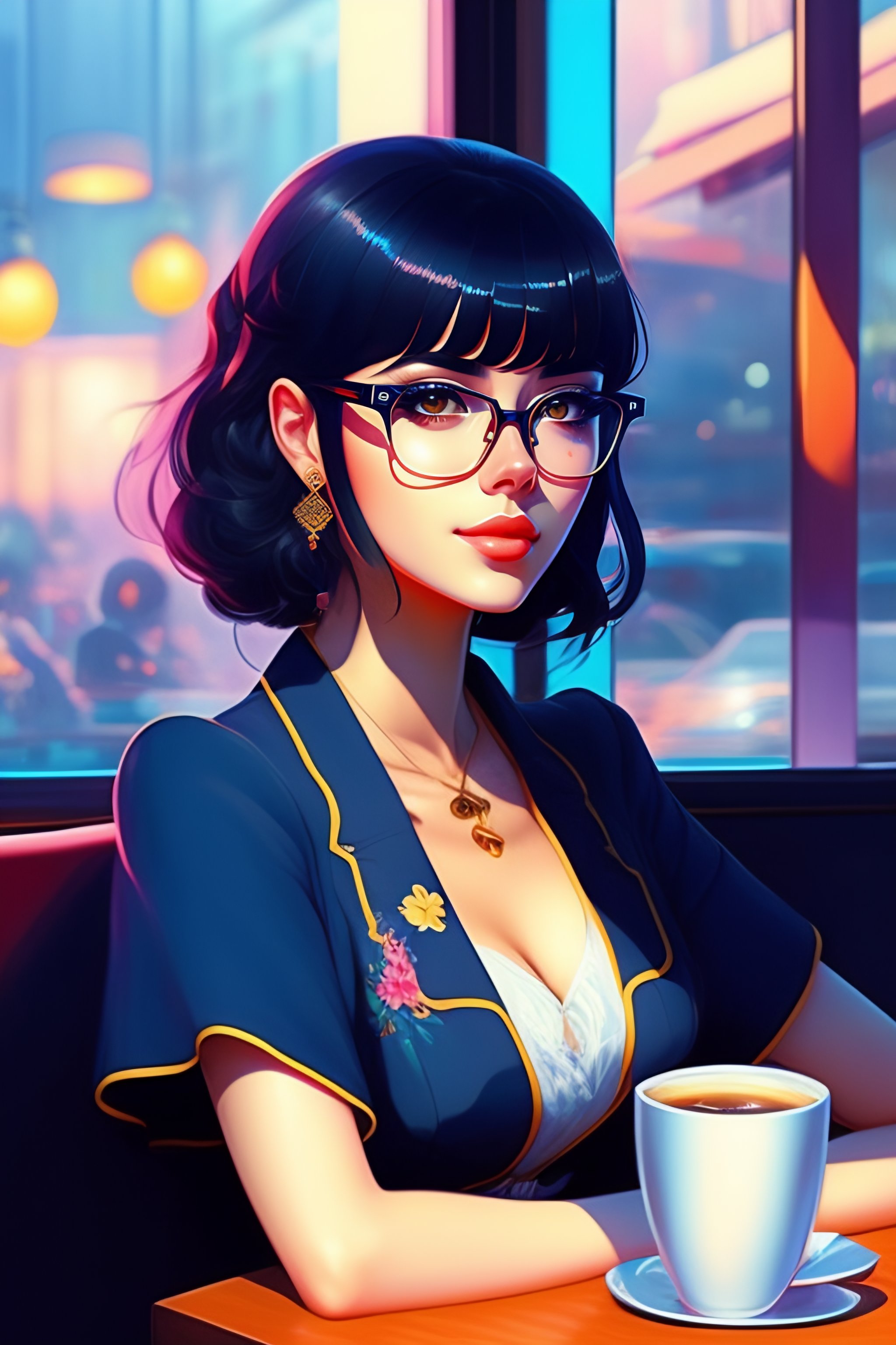 Lexica - Cute girl in blue dress black hair black wayfarer glasses sitting psychedelic patterns ...