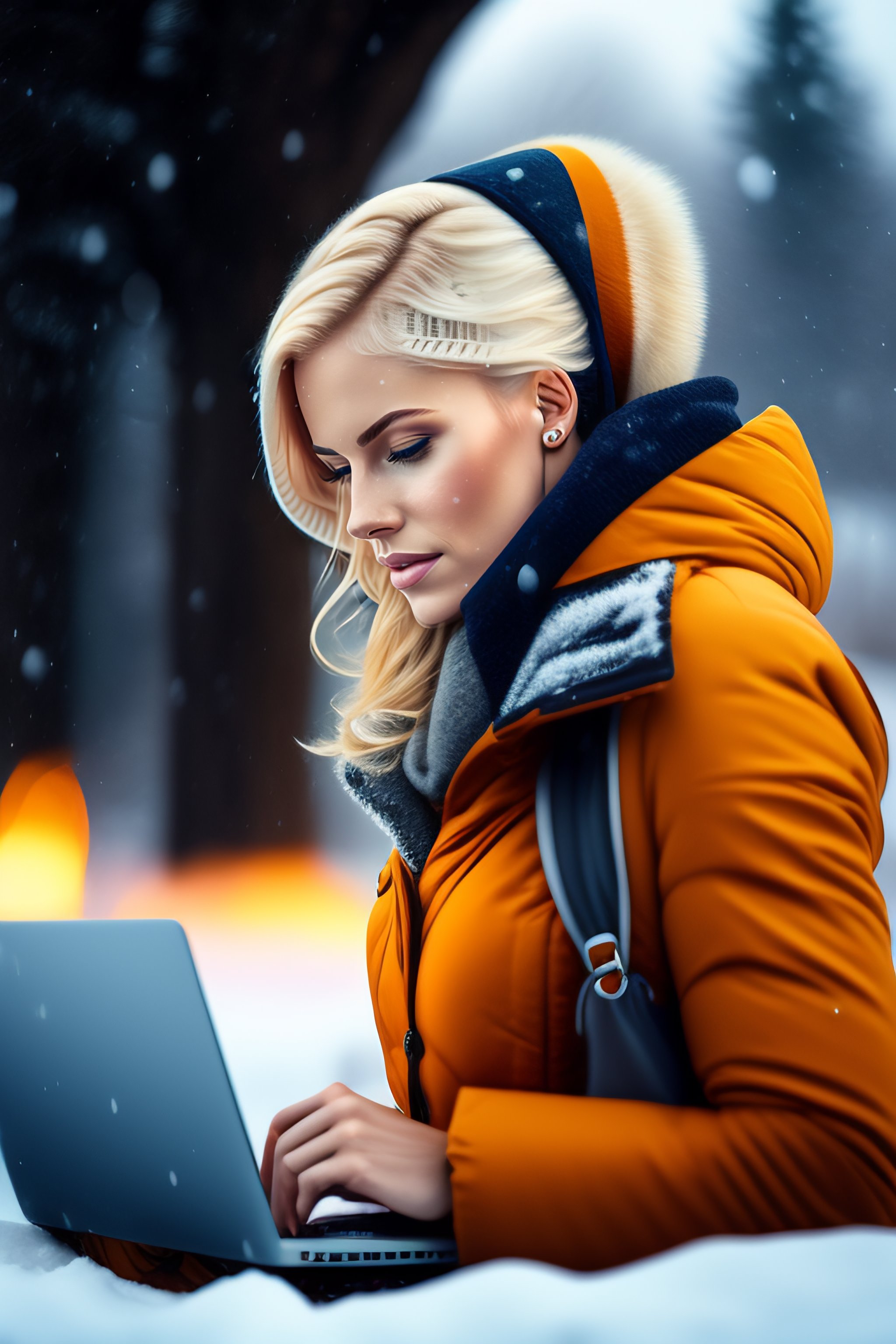 Lexica - Hipster desginer, blond, working on laptop in snow, outside ...