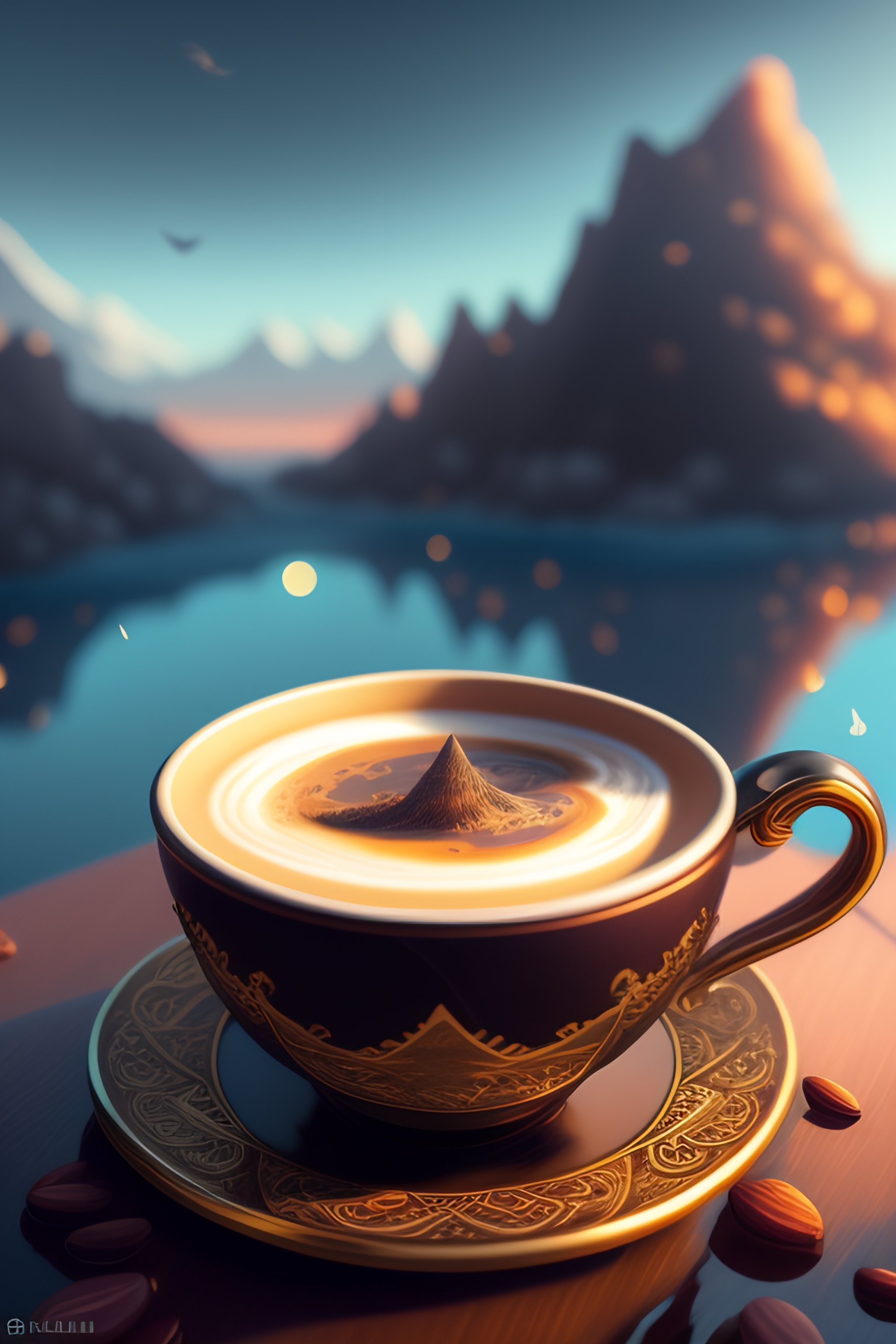 Lexica - Coffe cup , landscape, fantasy, anime, intricate, elegant ...