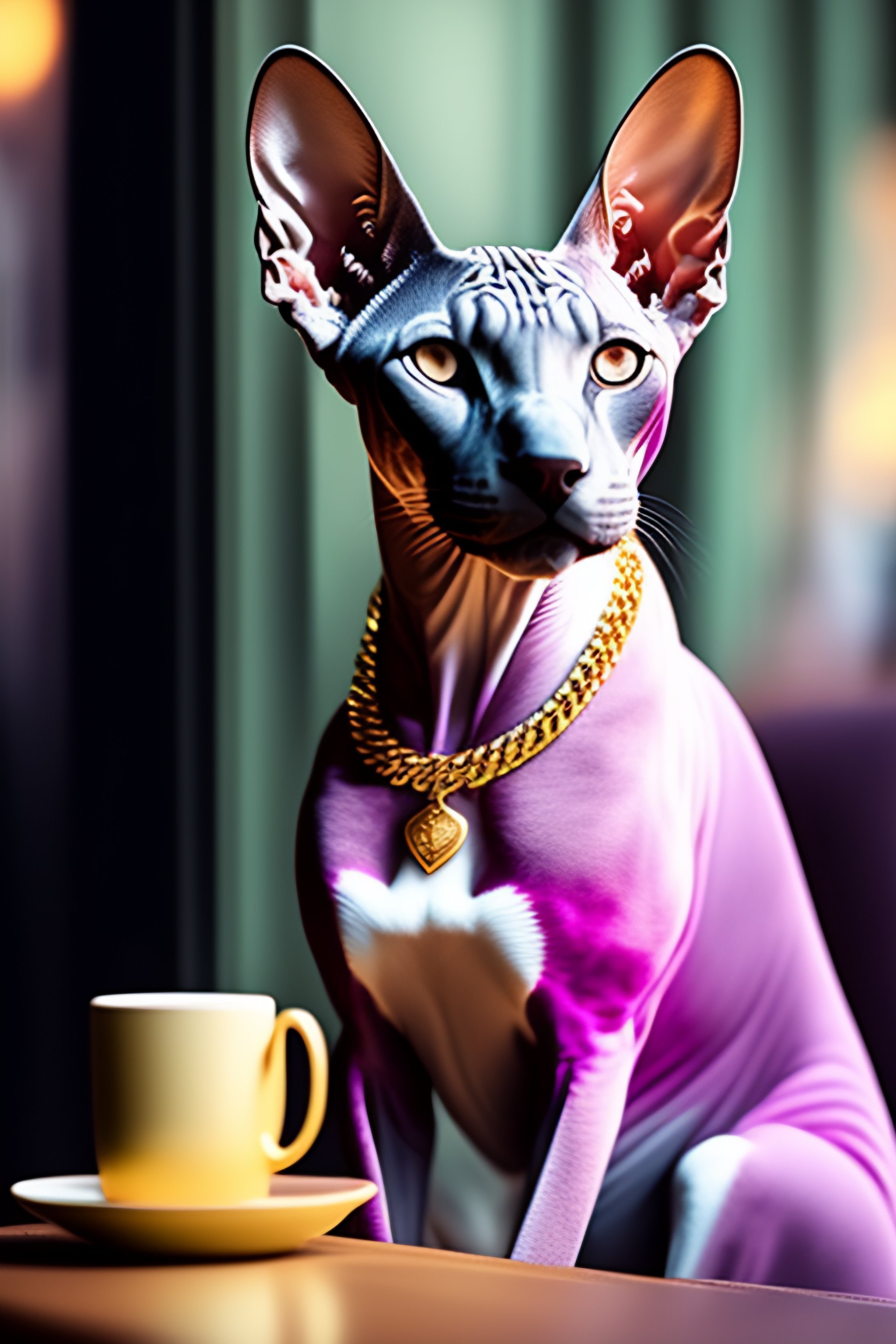 Lexica - All gray sphynx wearing gold chain sitting in front pink cafe