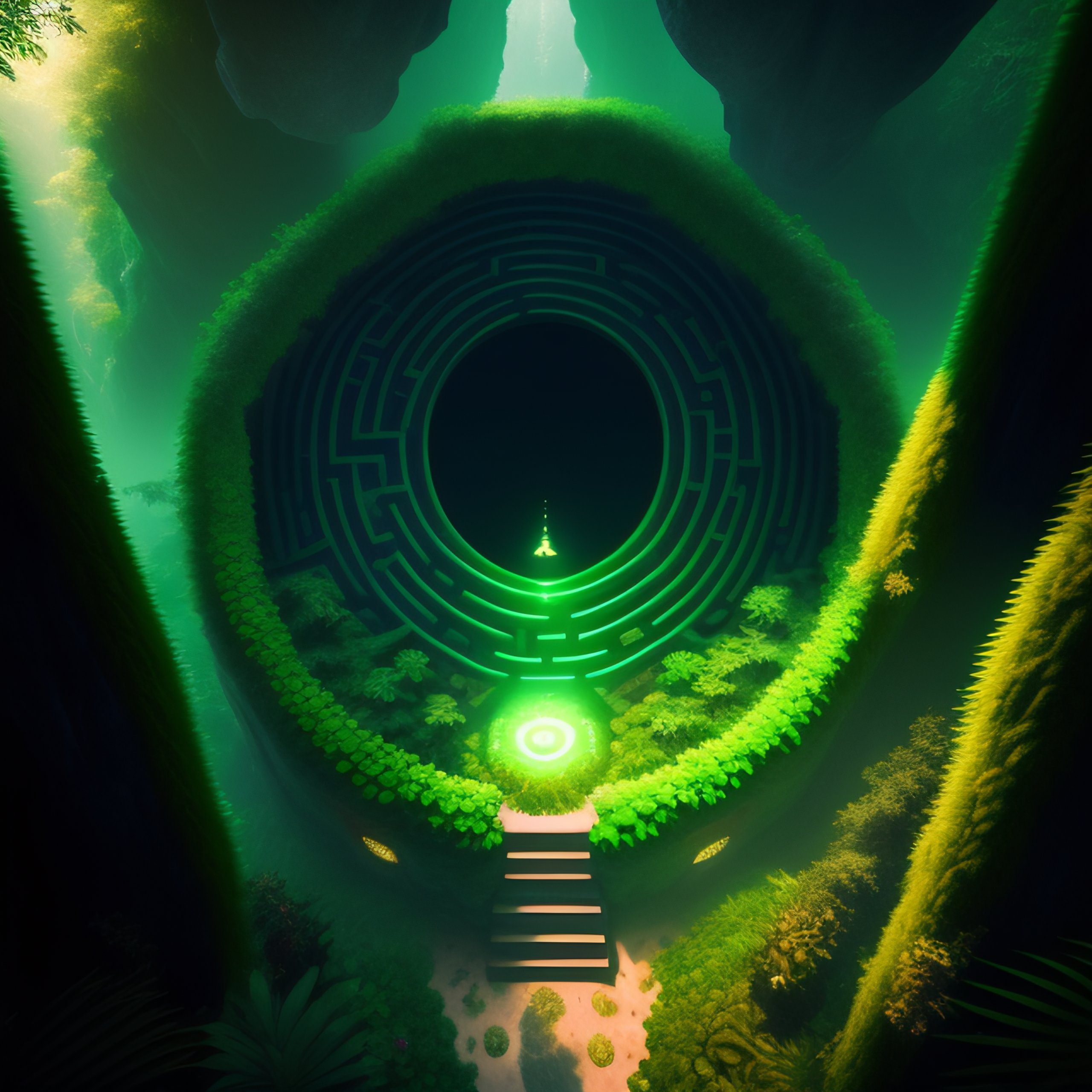 Lexica - Infinite emerald maze in a jungle canyon, labyrinth from above, huge jade golem in the ...