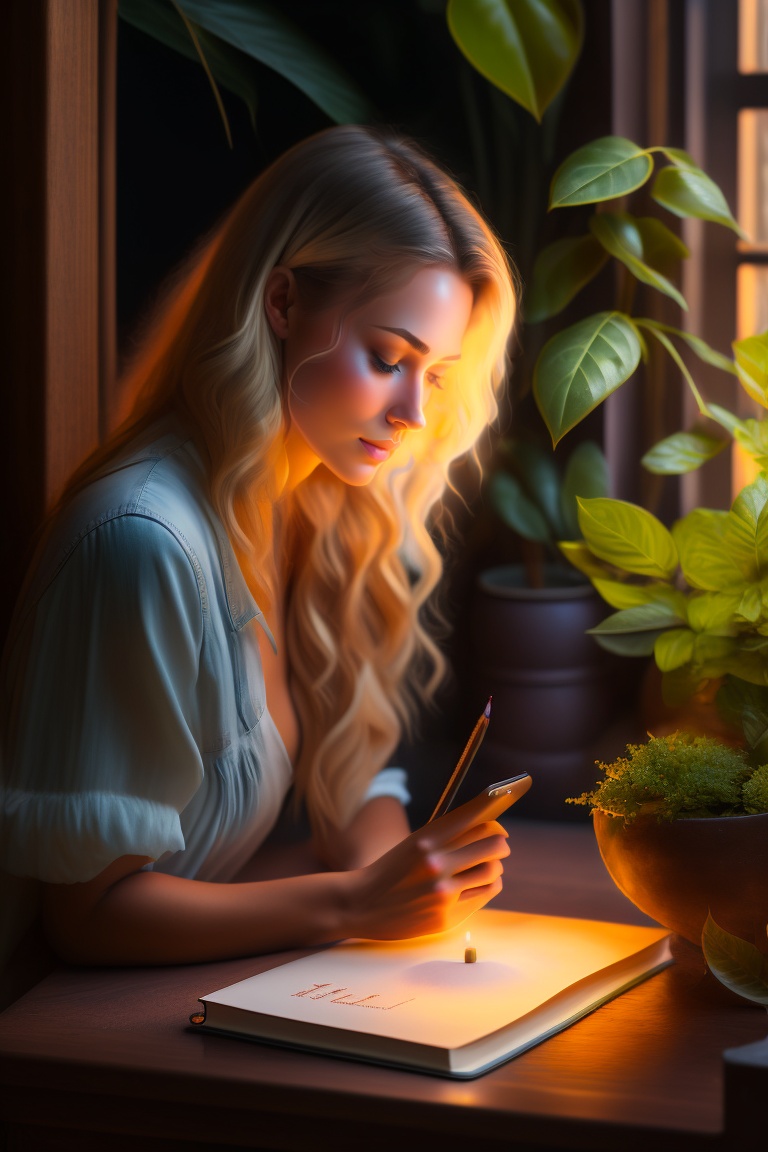 Lexica - A women in her mid twenties, blonde, writing in her journal ...