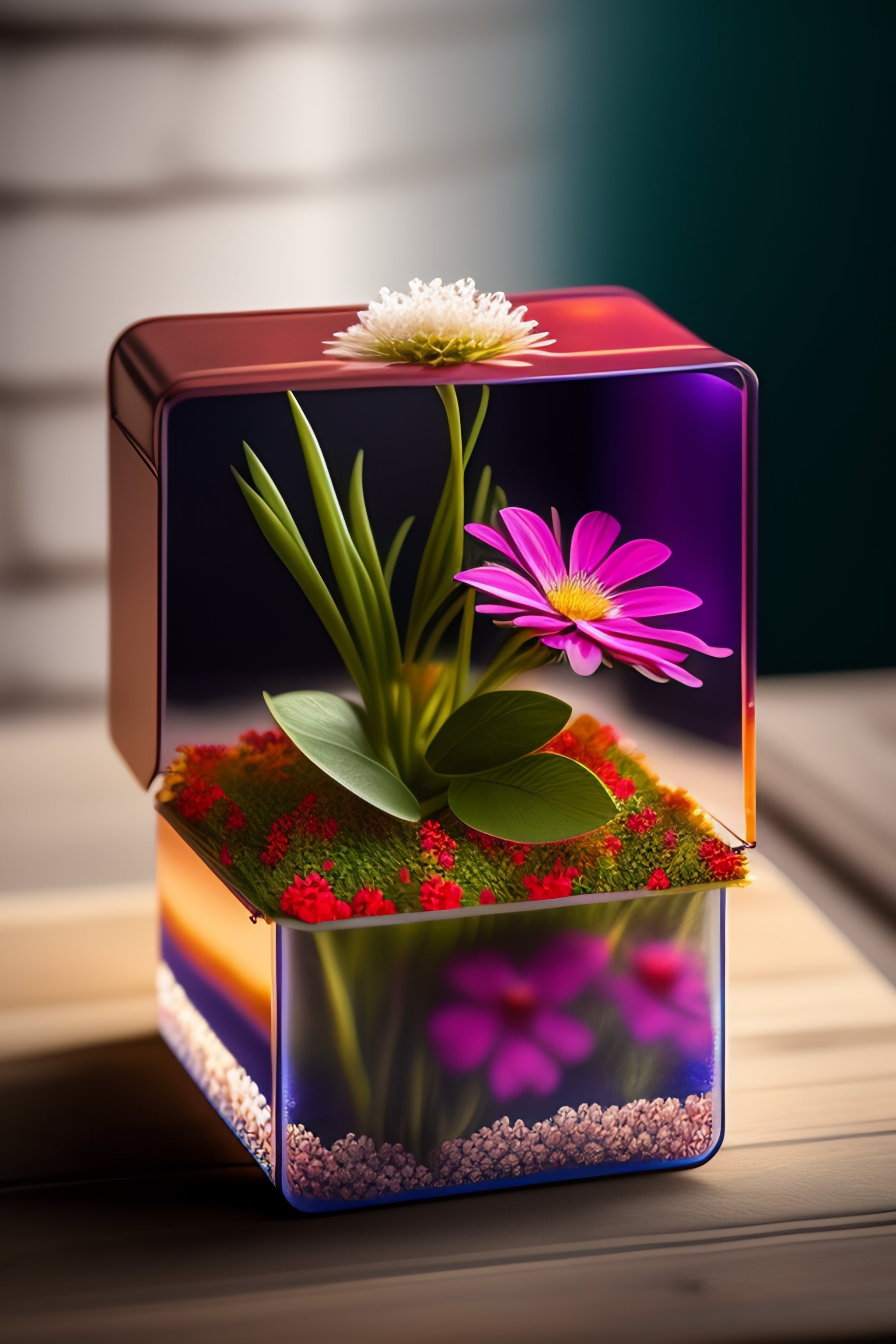 Lexica - A box made of glass has flowers inside