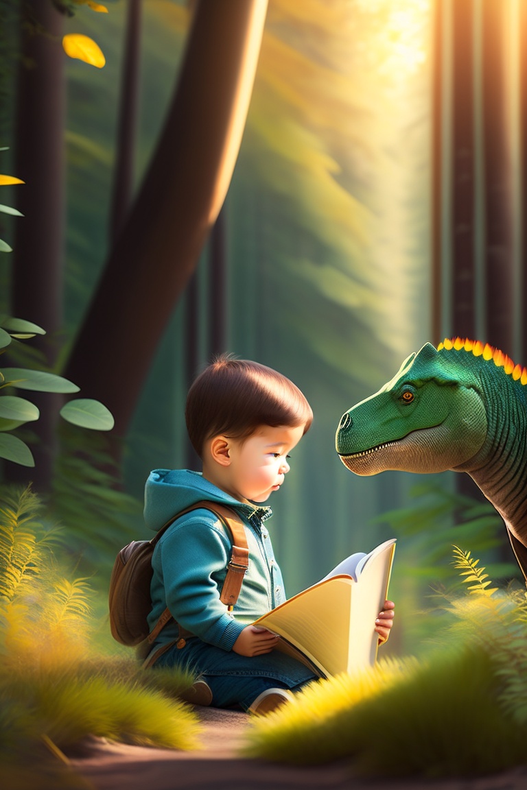 Lexica - Exploration, Curious, Boy, Forest, Dinosaur, Book, Sunny, Morning