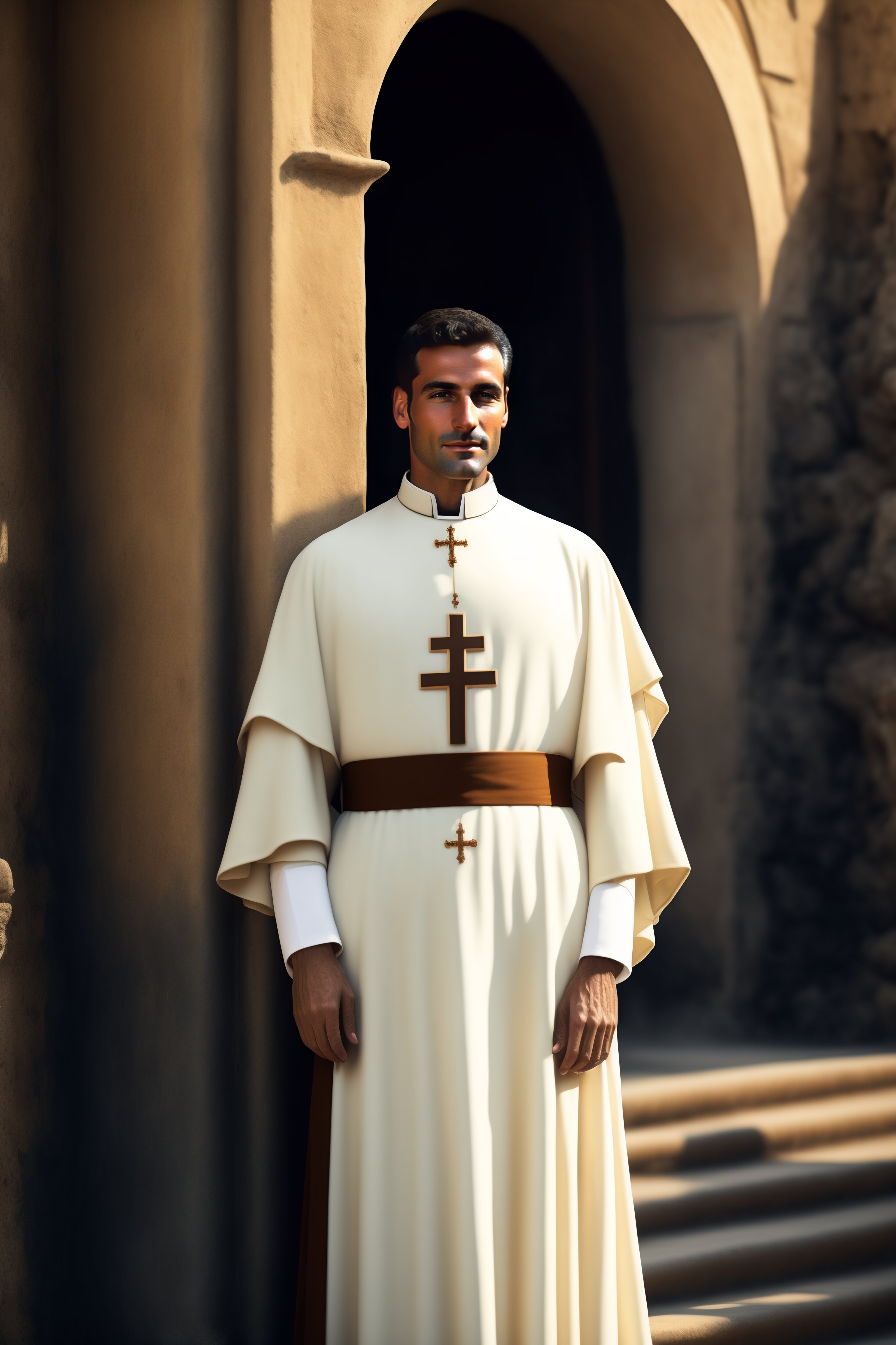 Lexica - Italian priest with short brown hair. Calm. white tunic. With ...