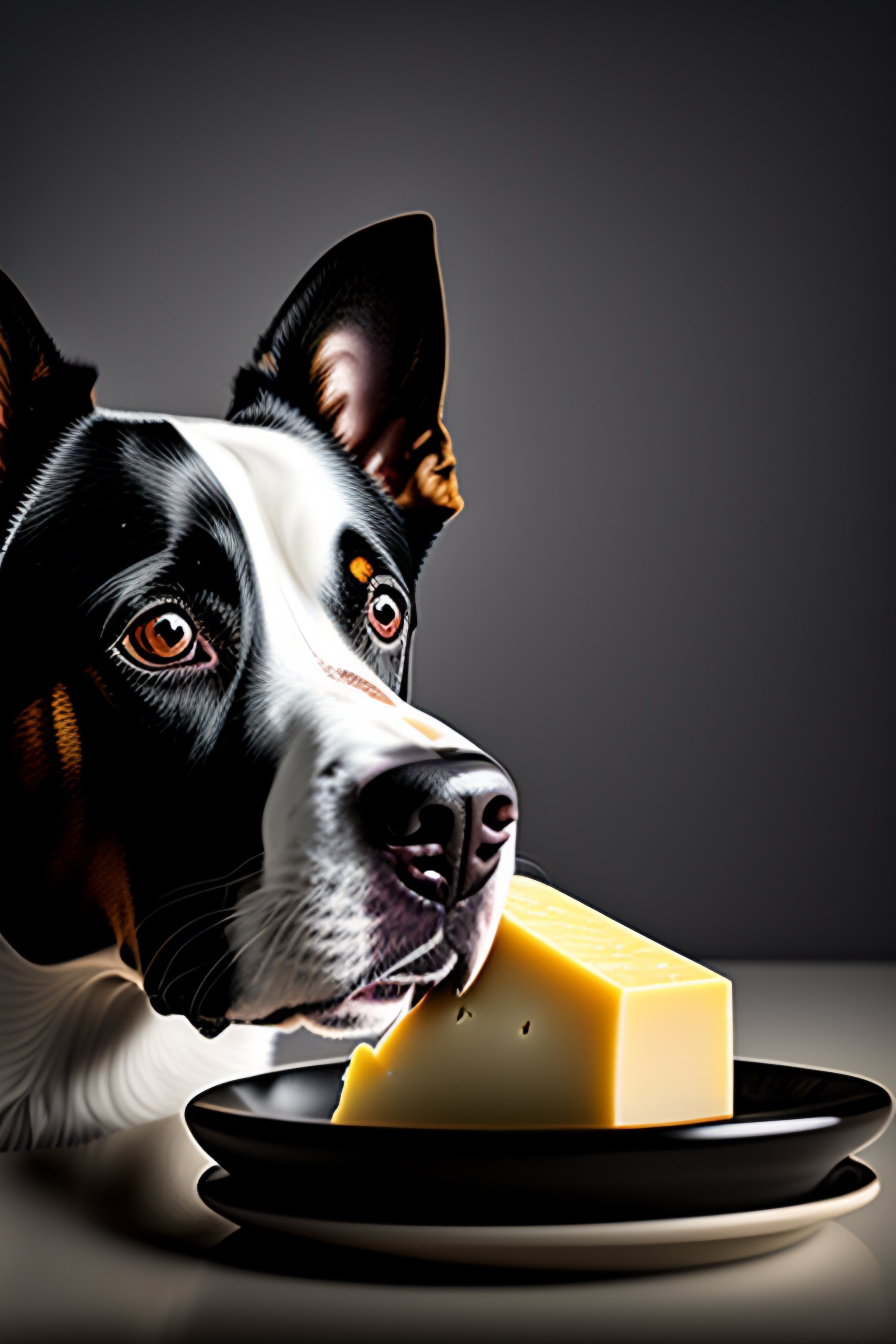 Lexica - A dog eating cheese black and white