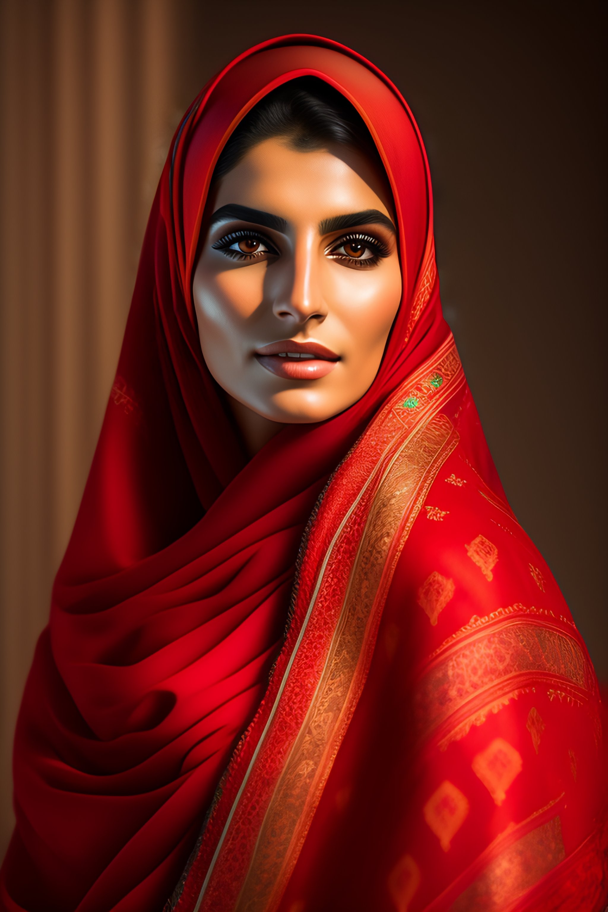 Lexica - Portrait of a majestic Iranian young woman wearing a red shawl ...