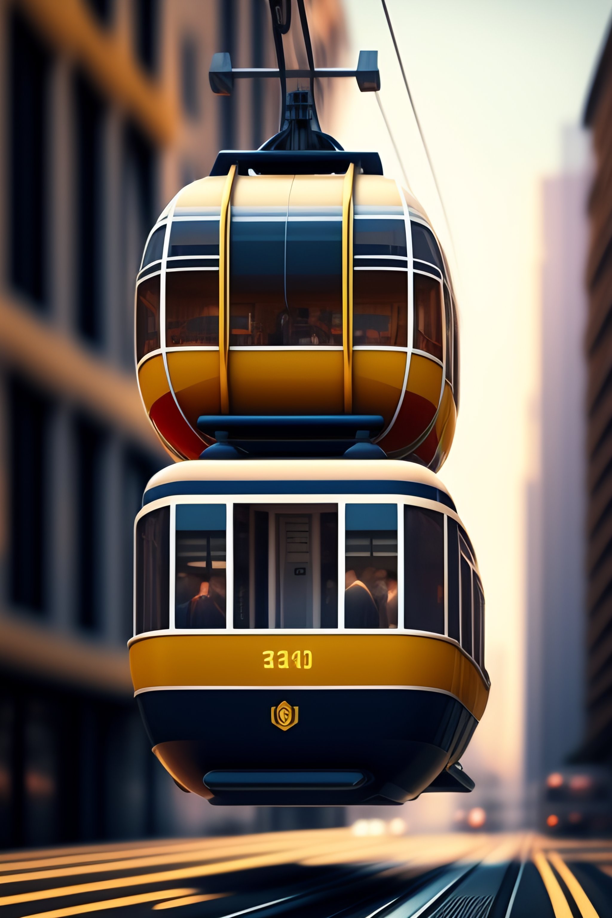 Lexica - Modern cable car hanging above a bus in a city, 4K, octane render