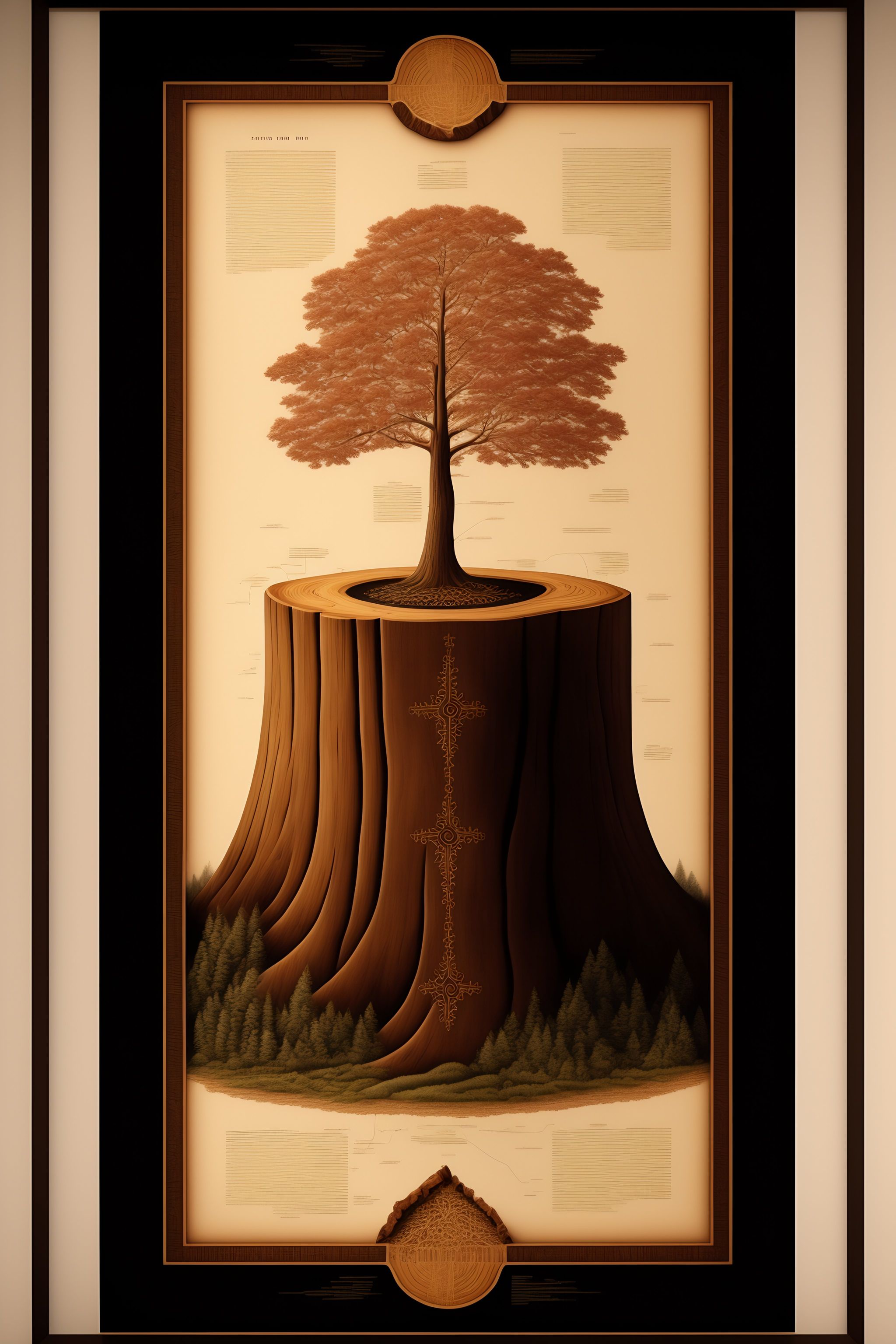 Lexica - Canvas wall print of a tree stump with a cross section cut in half, a woodcut by Aaron ...